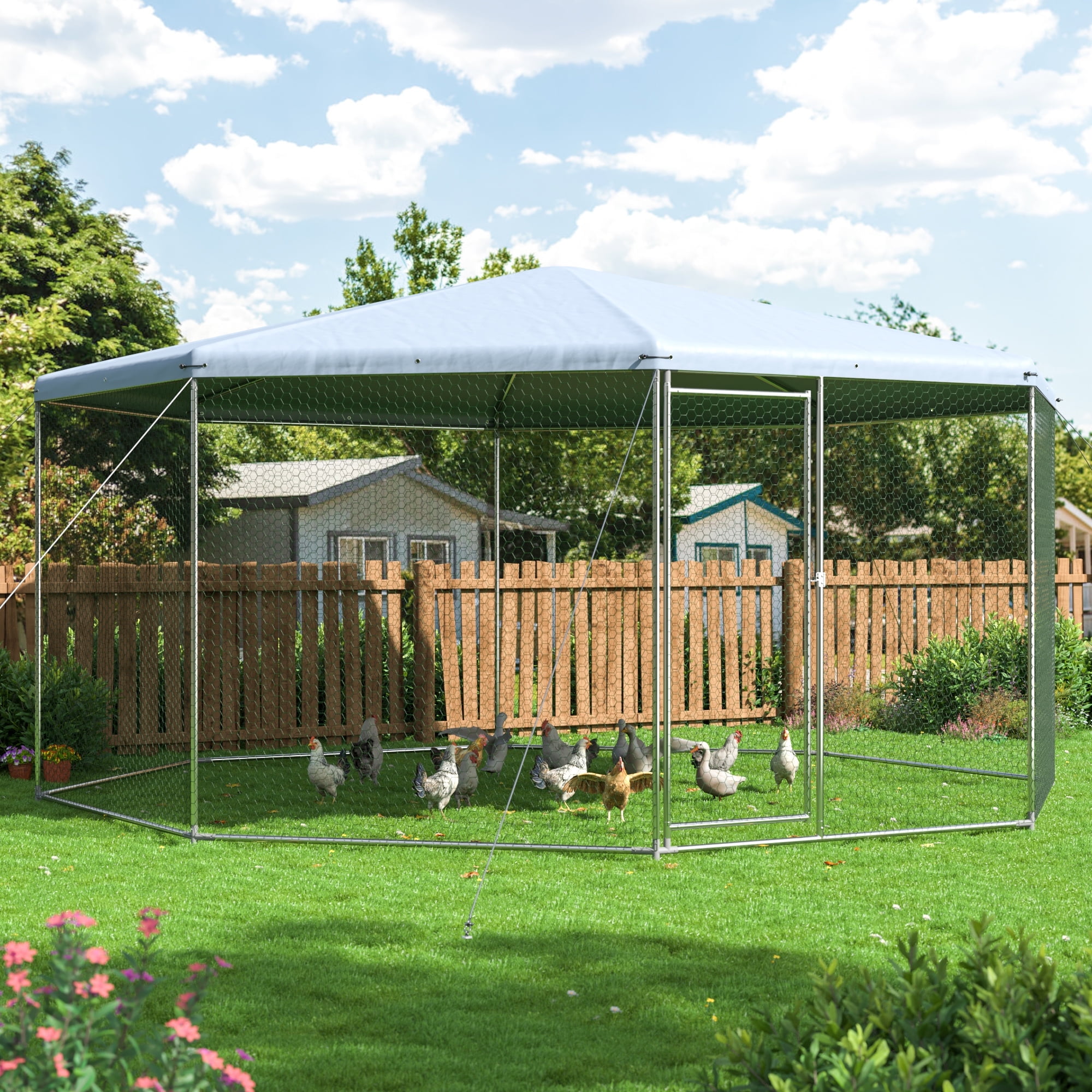 DAKITO 17.4x17.4x9 ft Chicken Coop,Large Metal Chicken Run Pen,Walk in Chicken Coops for 6/10 ...