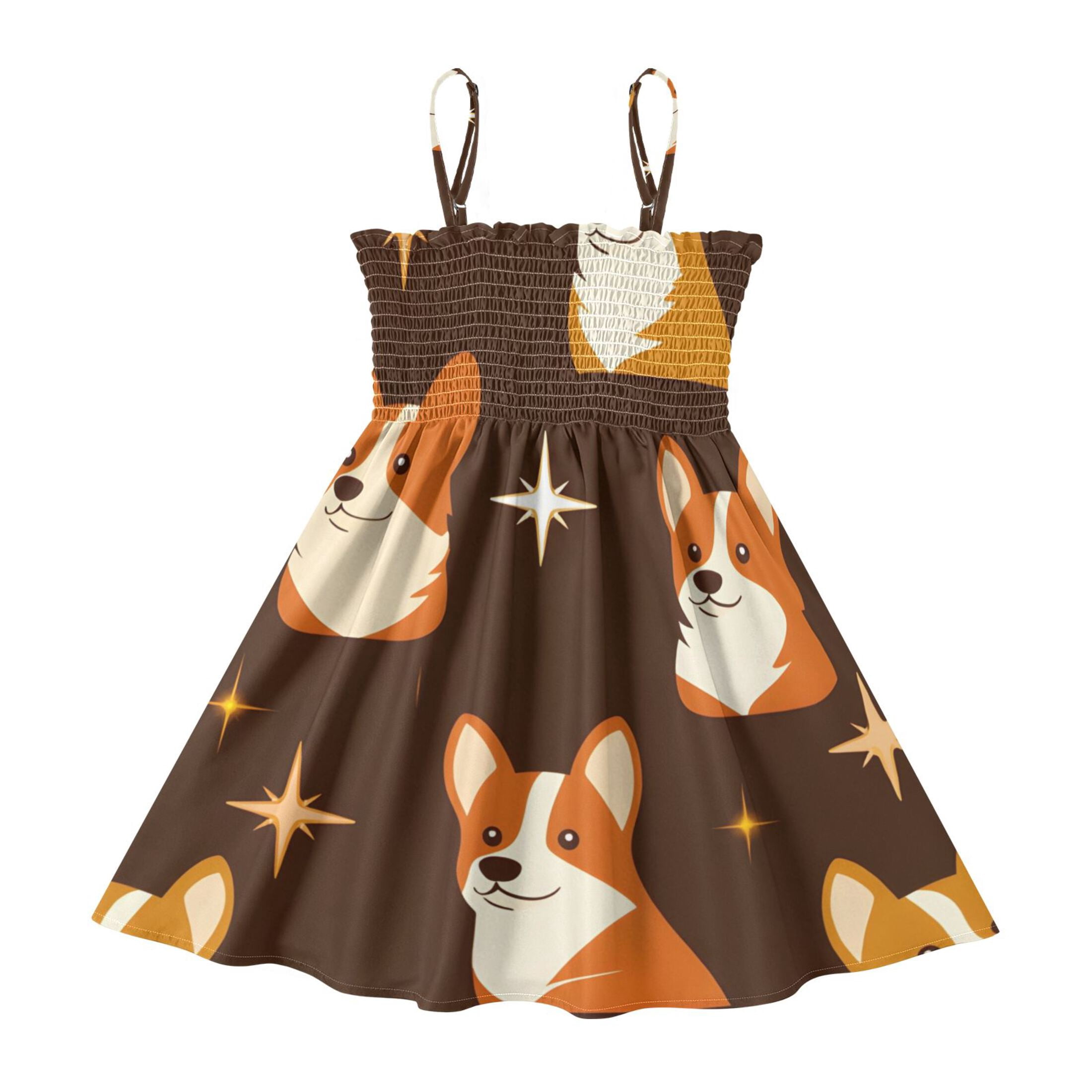 DALAWU Lightweight Celestial Corgi Pattern Smocked Sundress Adjustable ...
