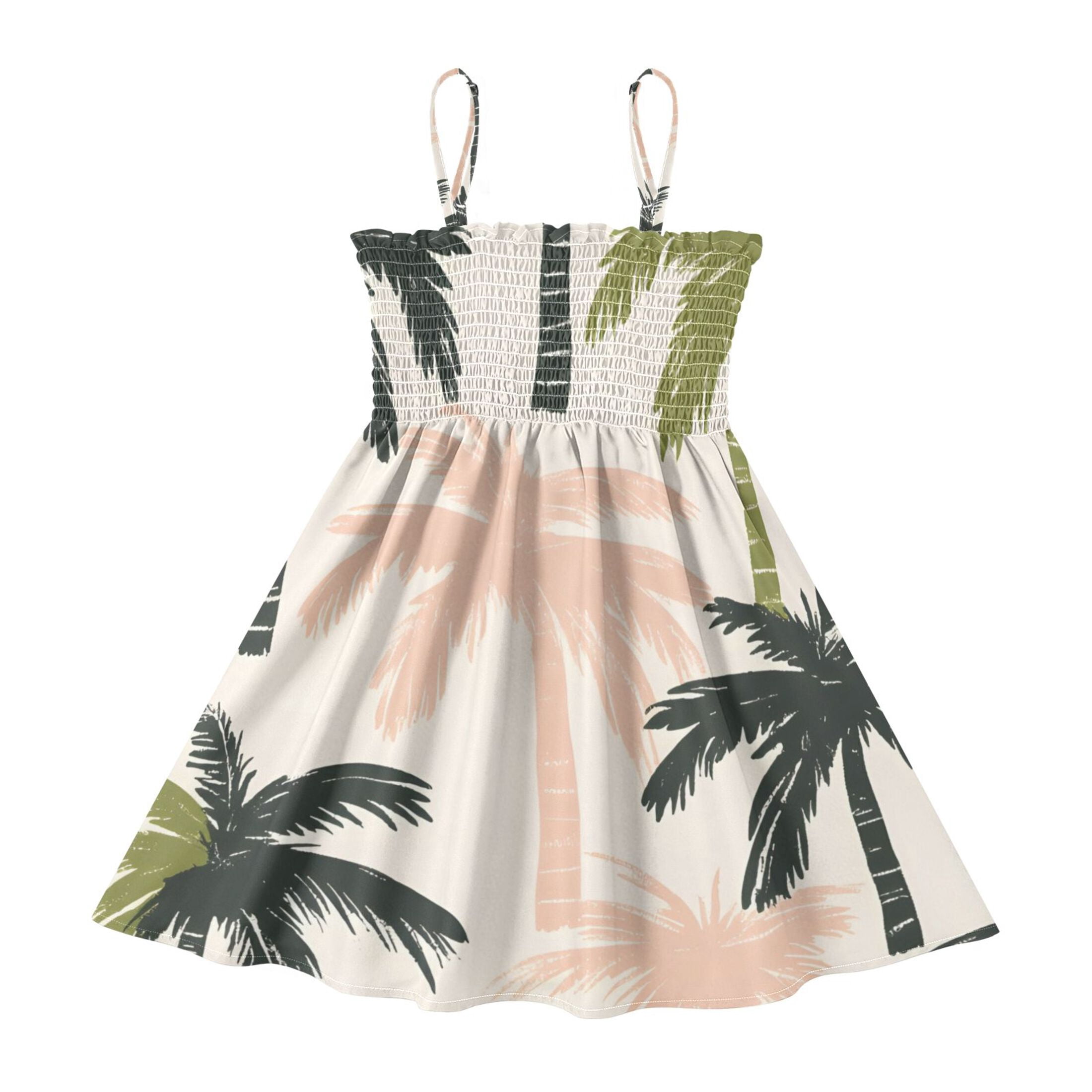 DALAWU Lightweight Green Pink Palm Tree Pattern Smocked Sundress ...