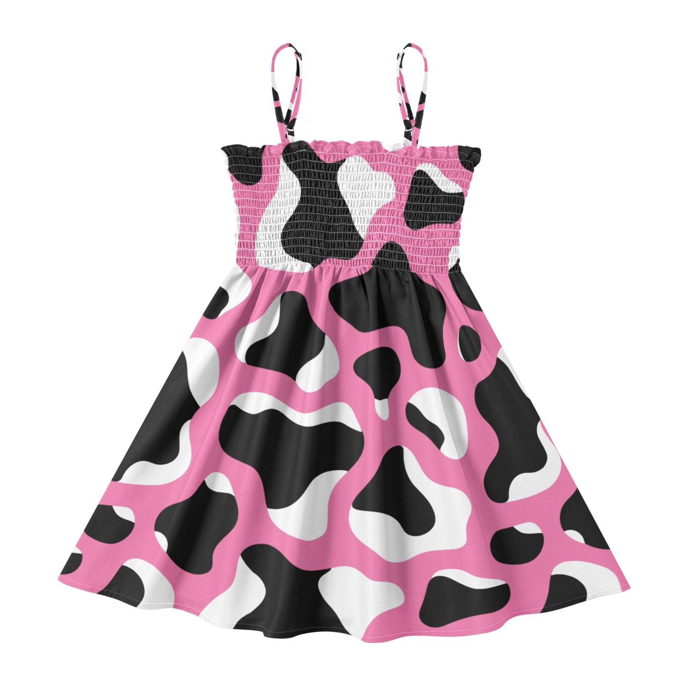 DALAWU Lightweight Pink Background Cow Print Pattern Smocked Sundress ...
