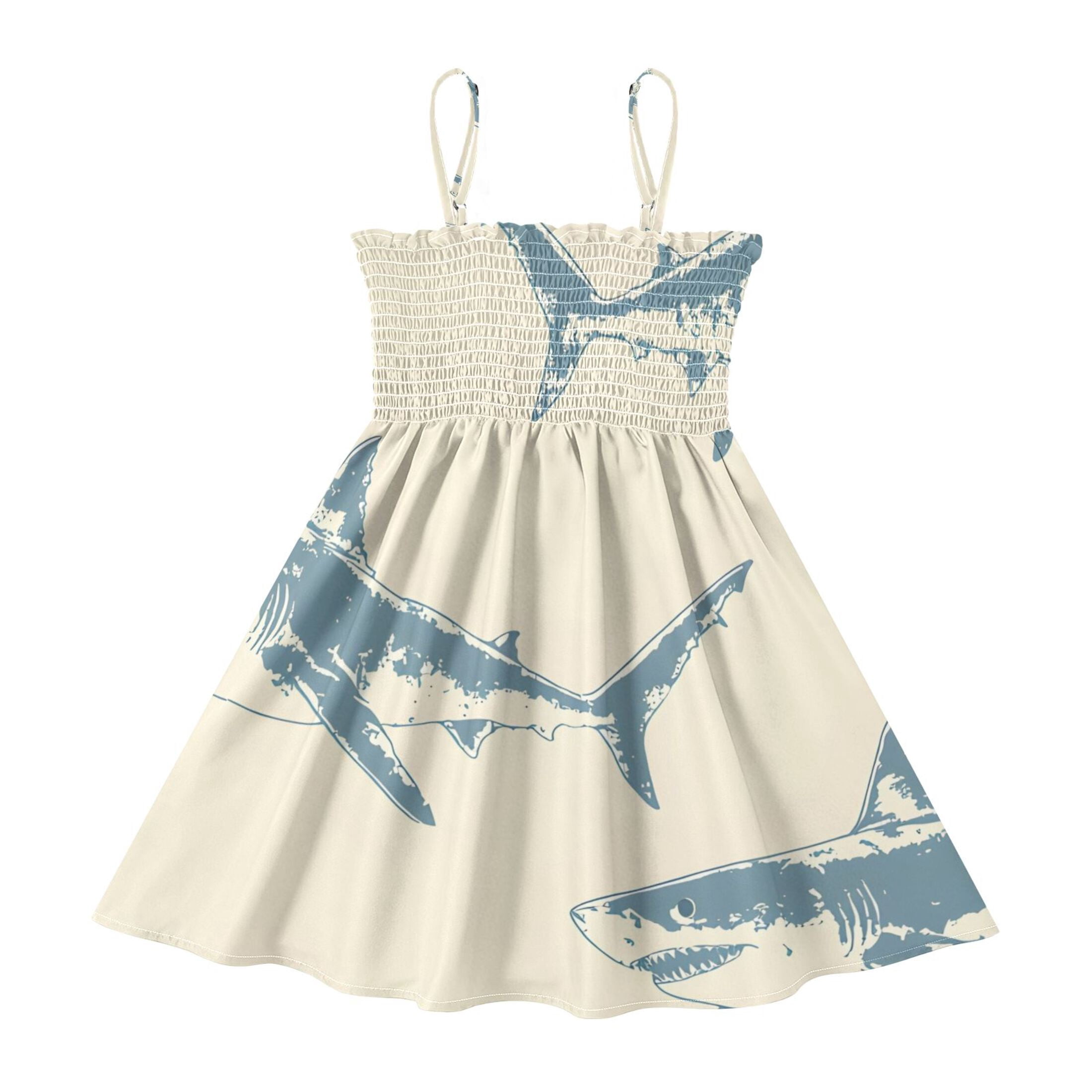DALAWU Lightweight Shark Print Pattern Smocked Sundress Adjustable ...