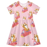 DALAWU Short Sleeve Dress A-line Silhouette Corgi Cycling Pattern Of ...