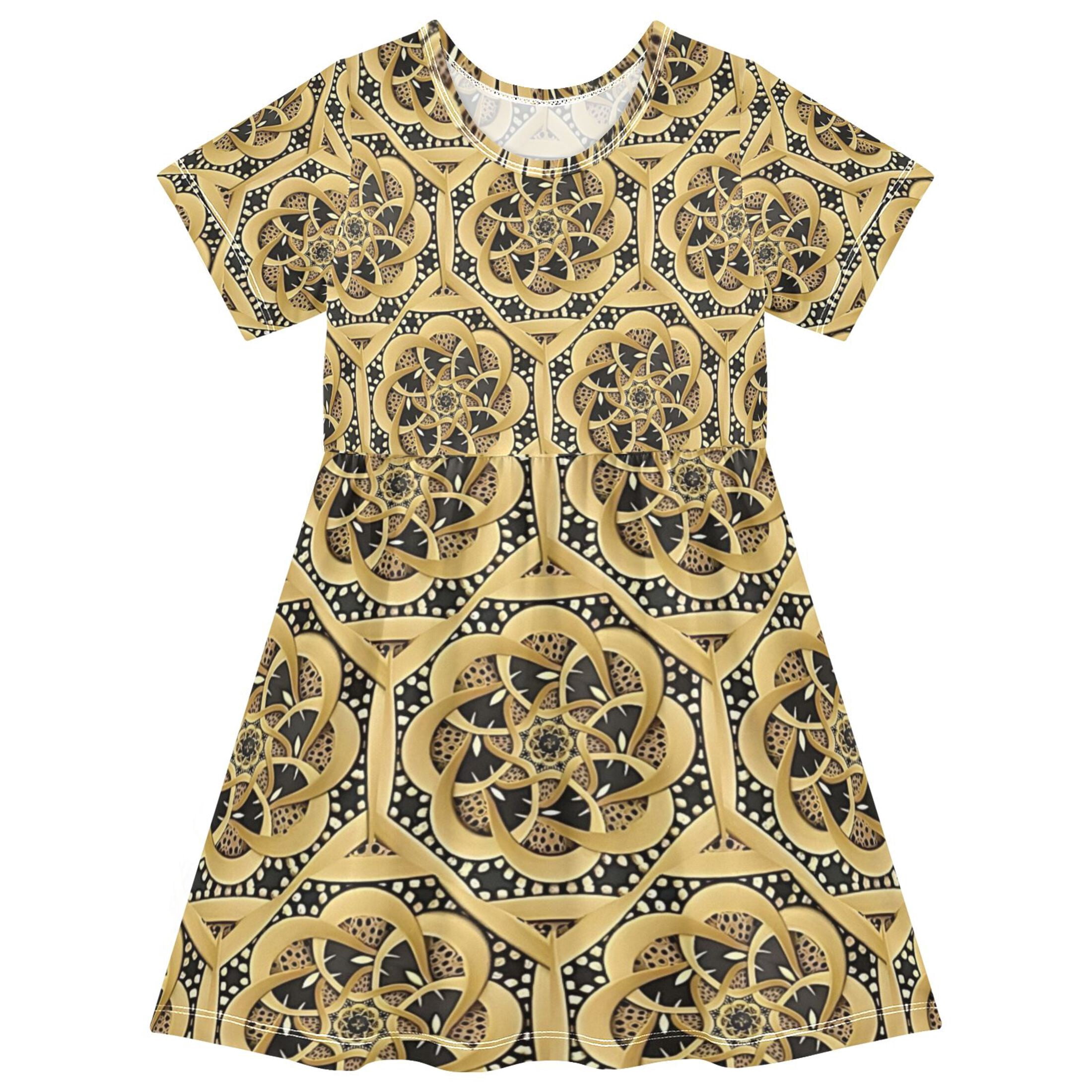 DALAWU Short Sleeve Dress A-line Silhouette Gilded Medallion Tapestry ...