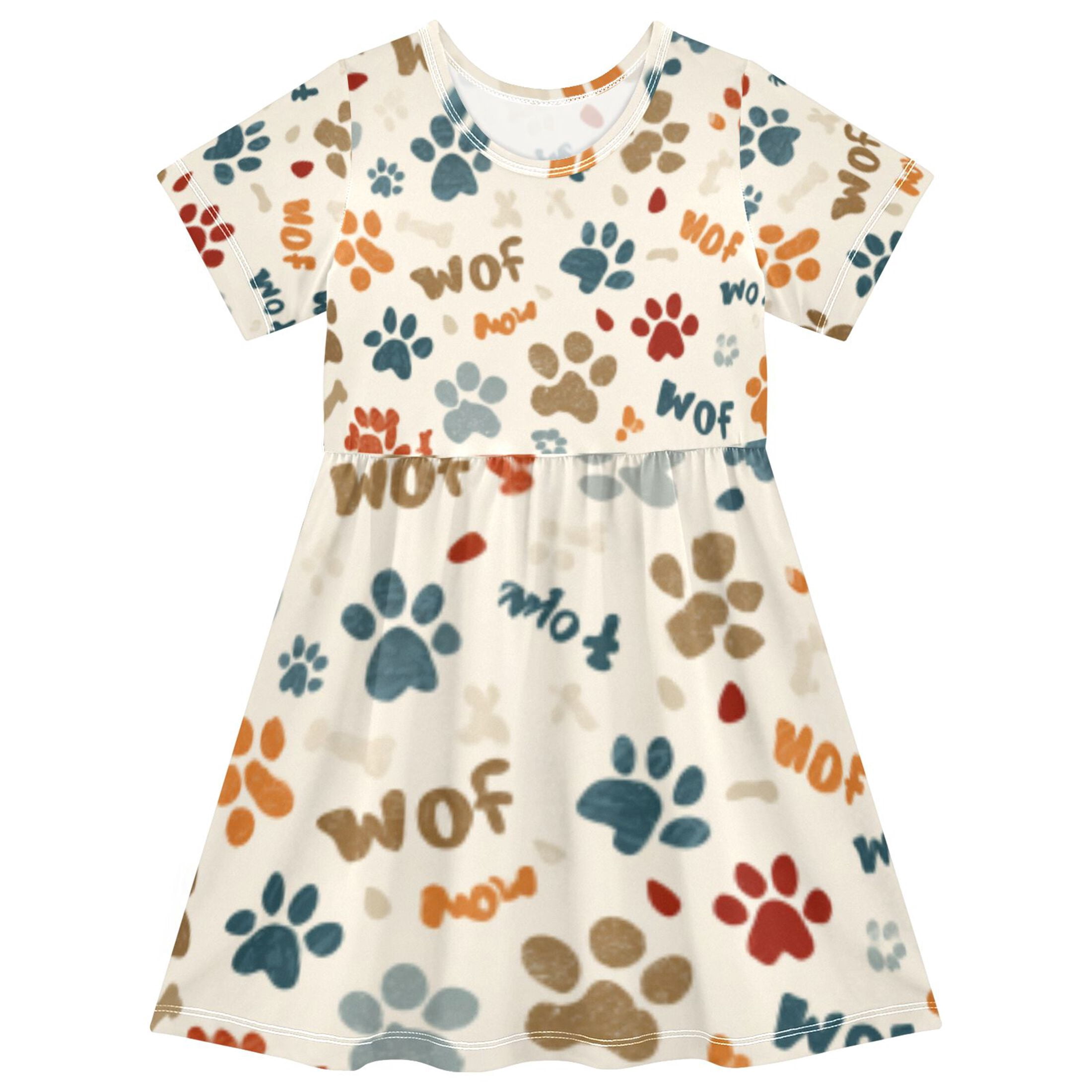 DALAWU Short Sleeve Dress A-line Silhouette Pastel Paw Woof Of Pattern ...