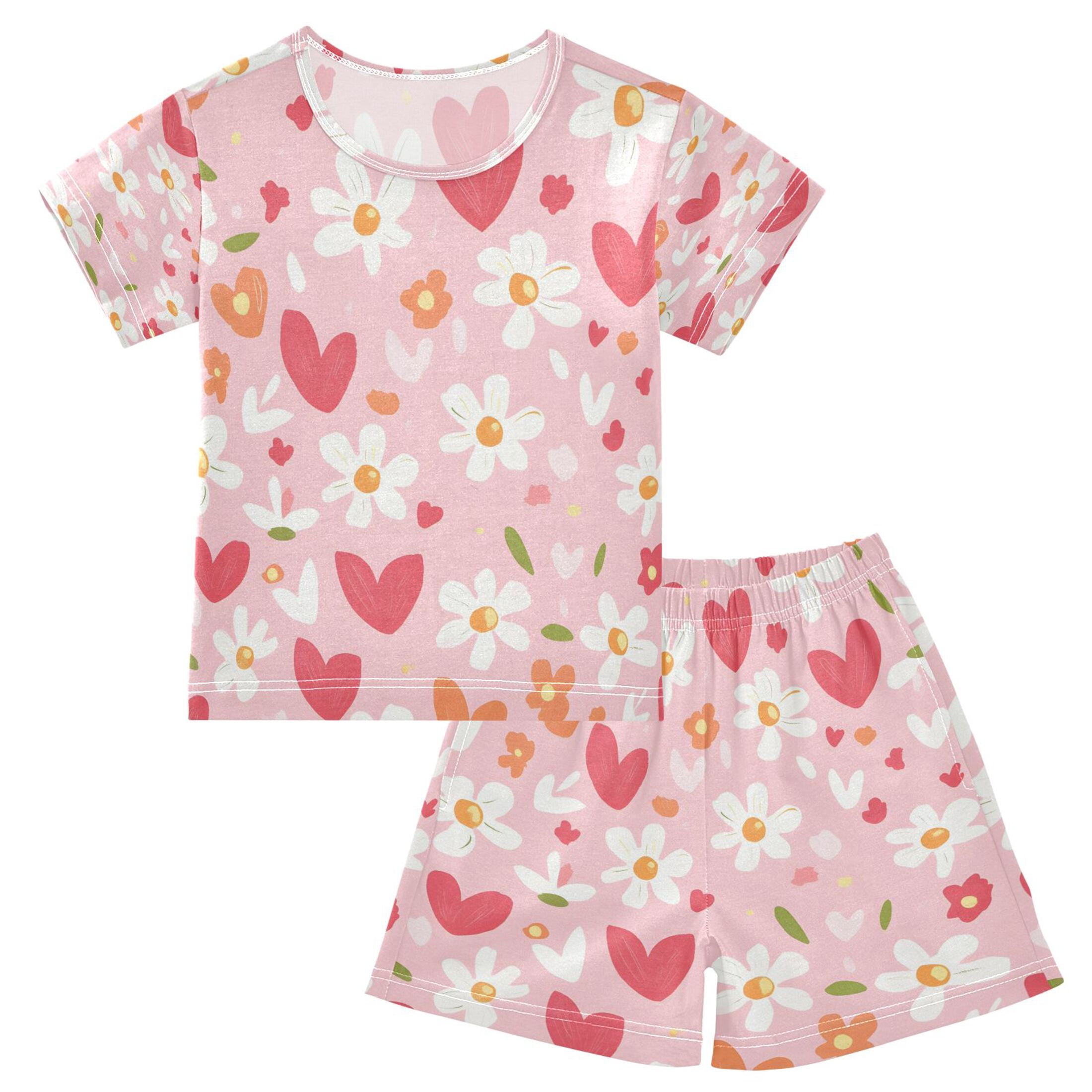DALAWU White Flower Hearts Pattern Cotton Short Sleeve Pajama Set ...
