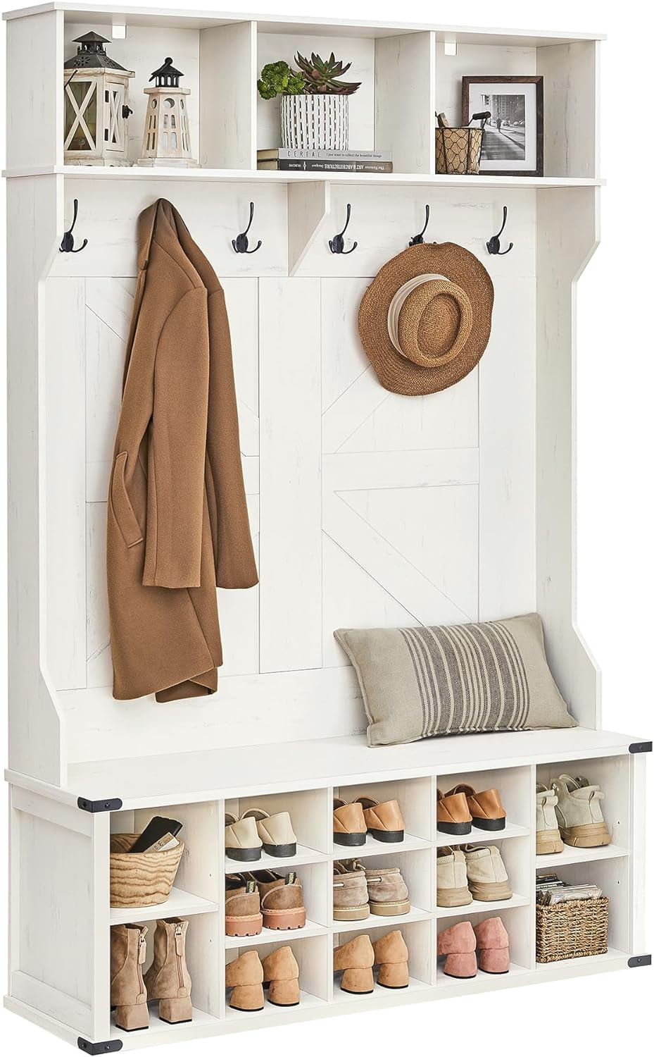 DALEI White Hall Tree with Bench and Shoe Storage, Coat Rack with Shoe ...