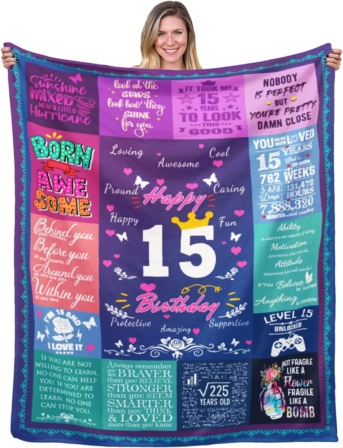 DALIHUA 15th Birthday Blanket Best Present For 15 Year Old Girl 15 Year Old Birthday Quinceanera ...