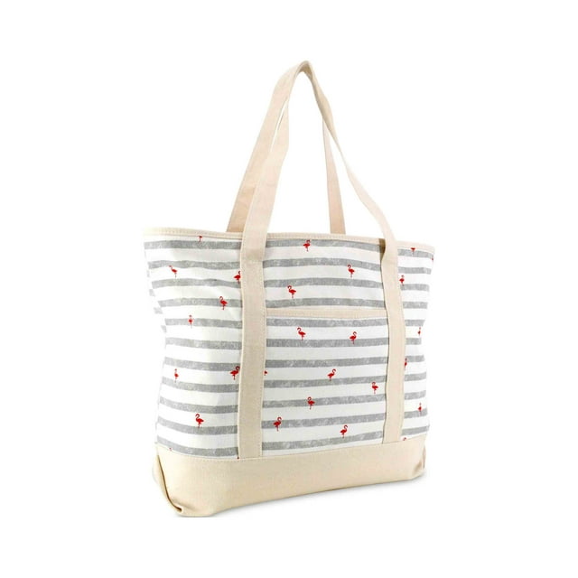 Dalix Extra Large 22 Gray Flamingo Shopper Beach Bag Heavy Cotton