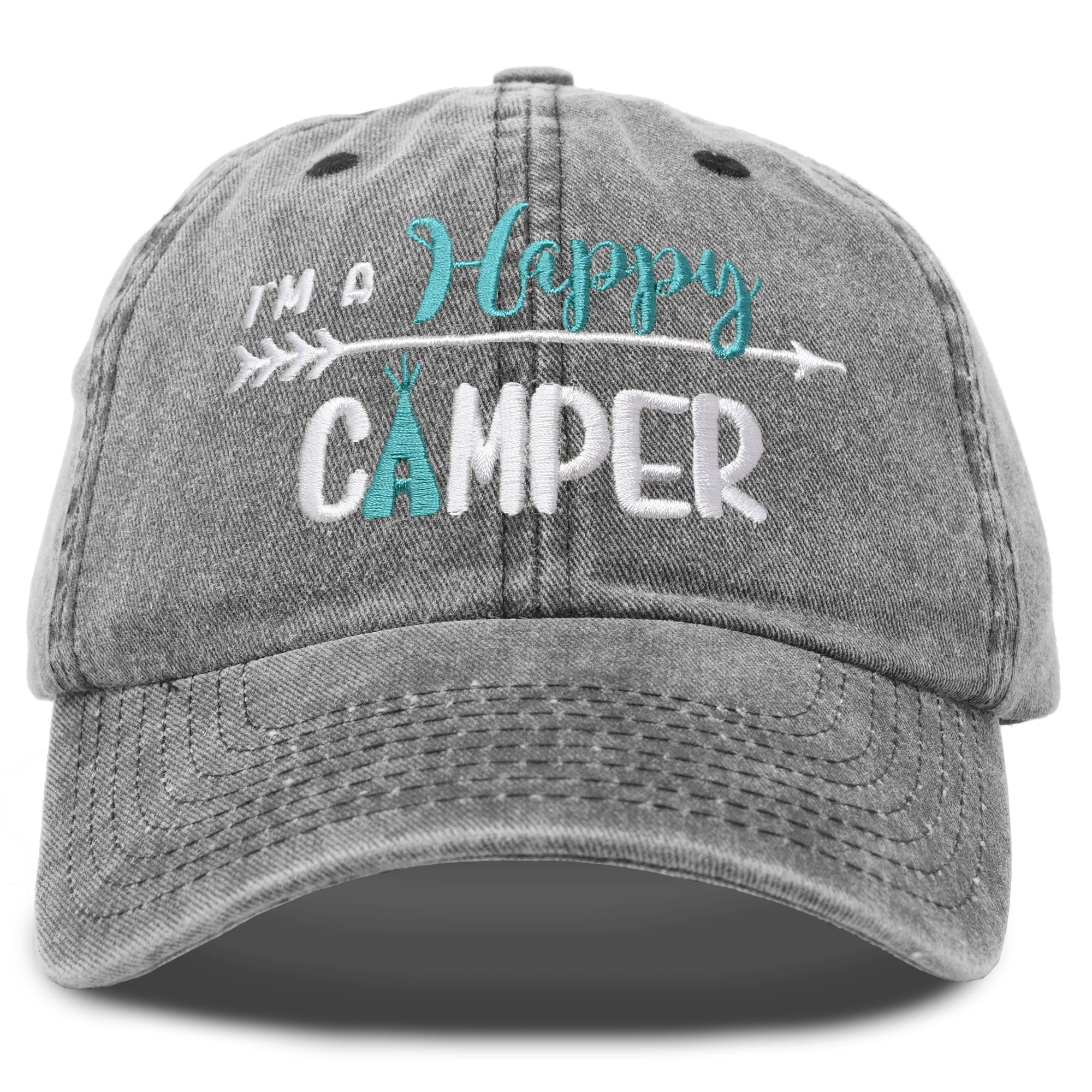 DALIX Womens Happy Camper Hat Soft Cotton Camping Caps in Washed Black ...