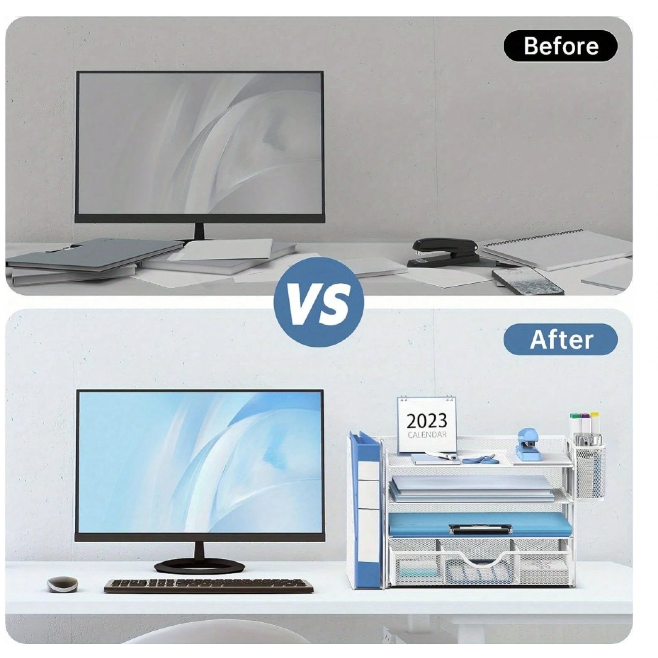 4-Tier Paper Organizer With File Shelf & 1 Drawer & 2 Pen Holders ...