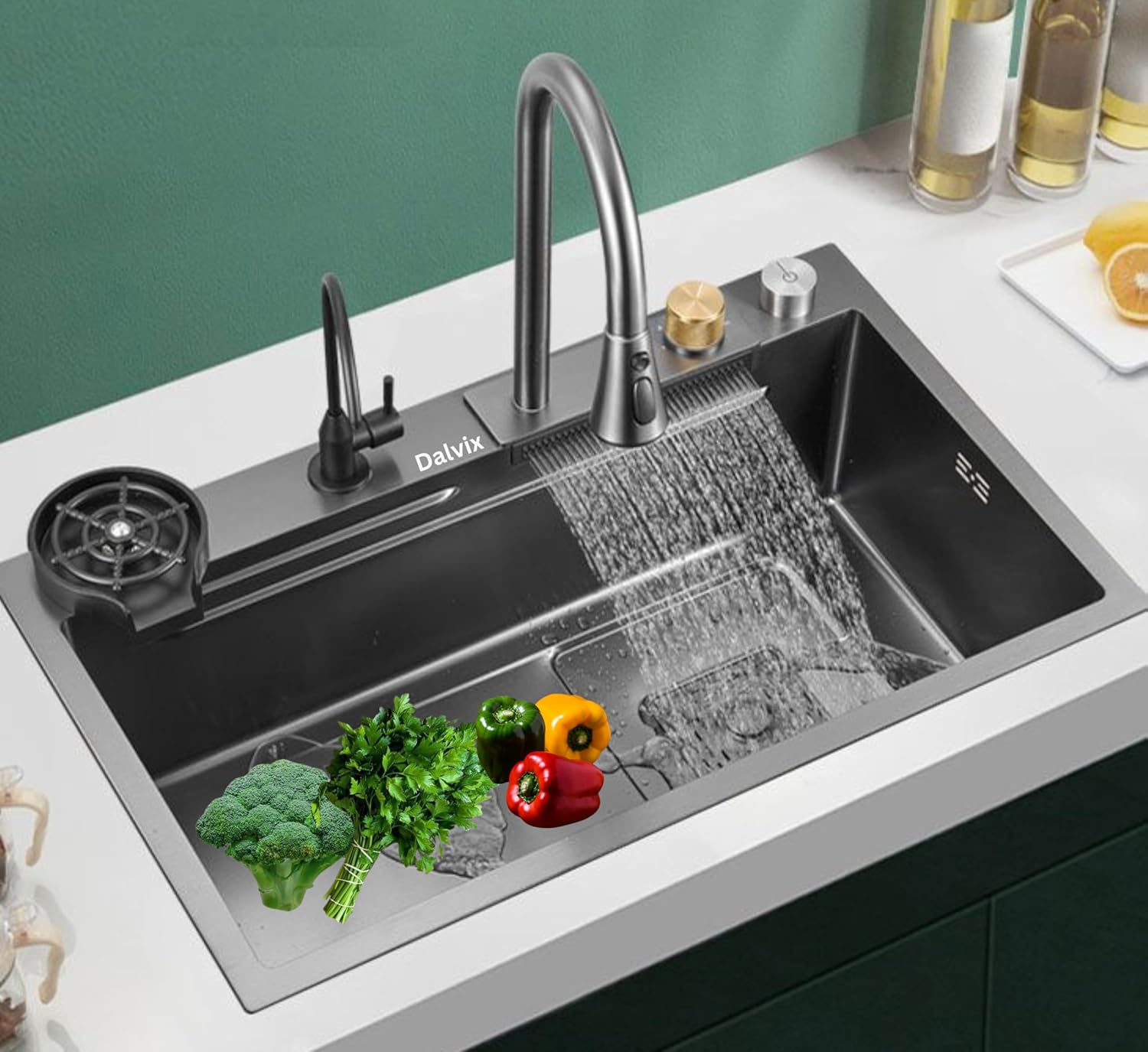 DALVIX Premium 304 Grade 37 X 18 X 9 Waterfall Kitchen Sink Single Bowl ...