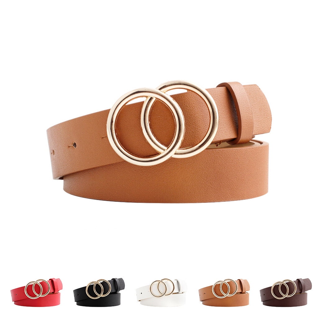 DALX Vintage Women Leather Belt Girls Simple Solid Color Double Ring ...