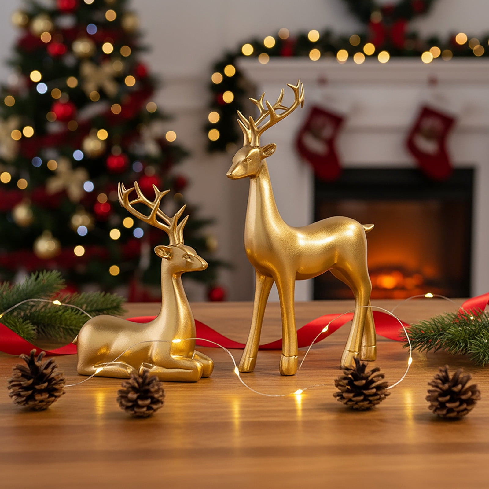 DAMAI 2 Pcs Christmas Reindeer Figurines Decorations,Resin Sitting ...
