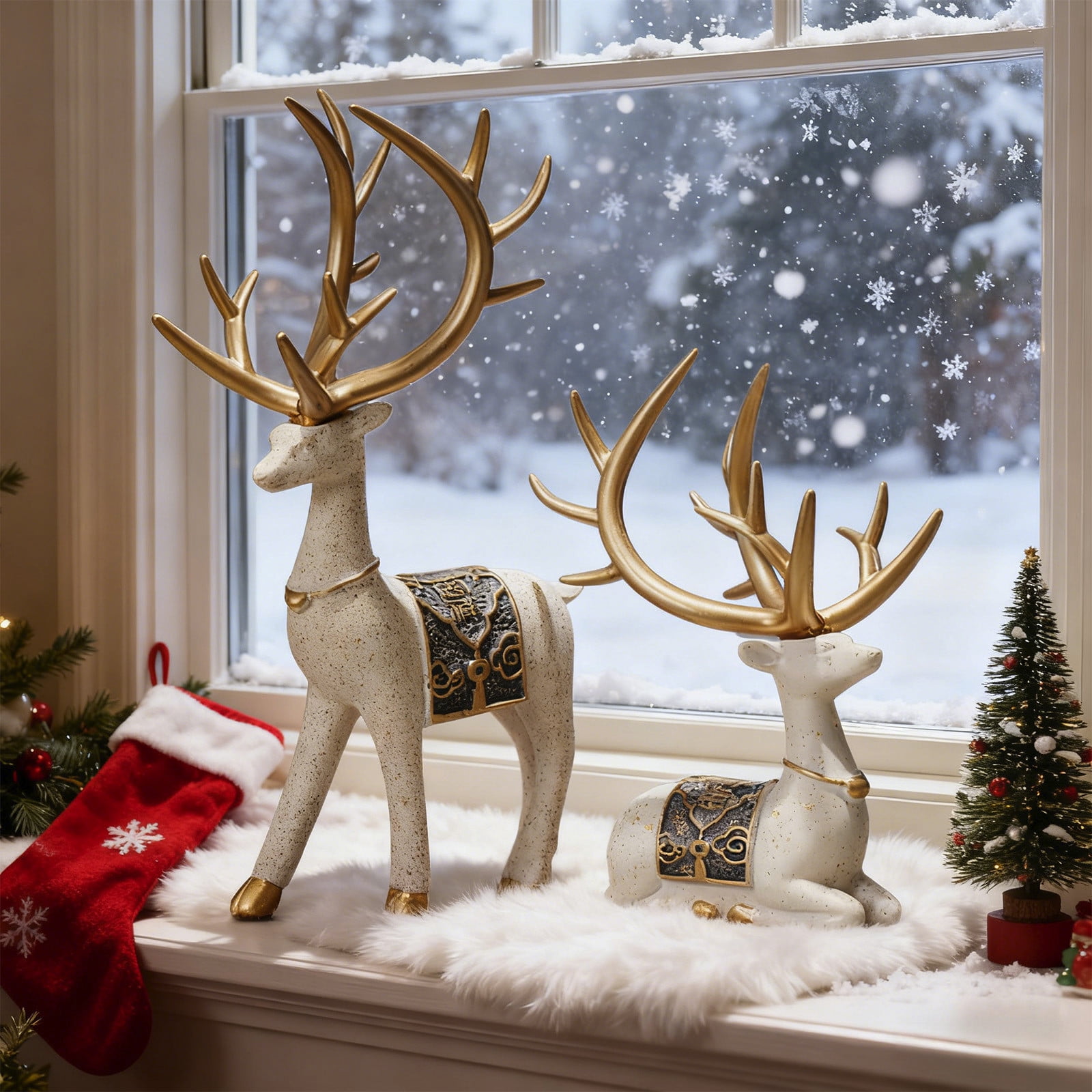 DAMAI 2 Pcs Standing & Sitting Resin Nordic Minimalist Reindeer ...