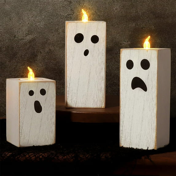 DAMAI 3 Pcs Halloween Wood Tealight Candle Holders,Farmhouse Wooden ...