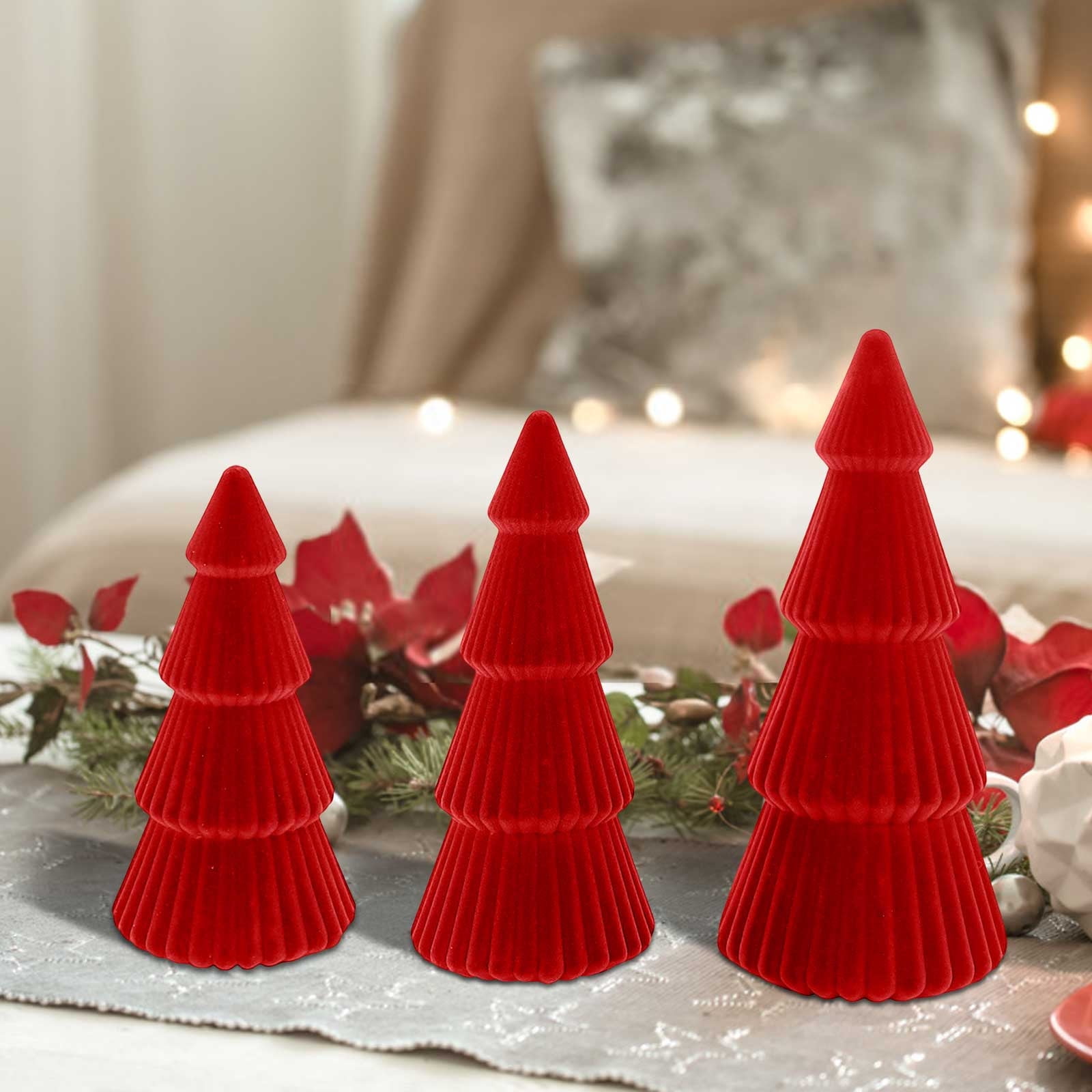 DAMAI 3 Pcs Red Velvet Christmas Trees Green Modern Cone Tabletop Trees ...