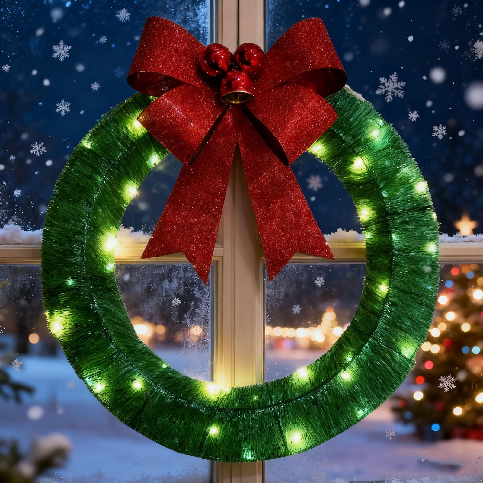 DAMAI 3D Lighted Outdoor Christmas Wreath with Red Bow, 11.8 in Pre-Lit ...