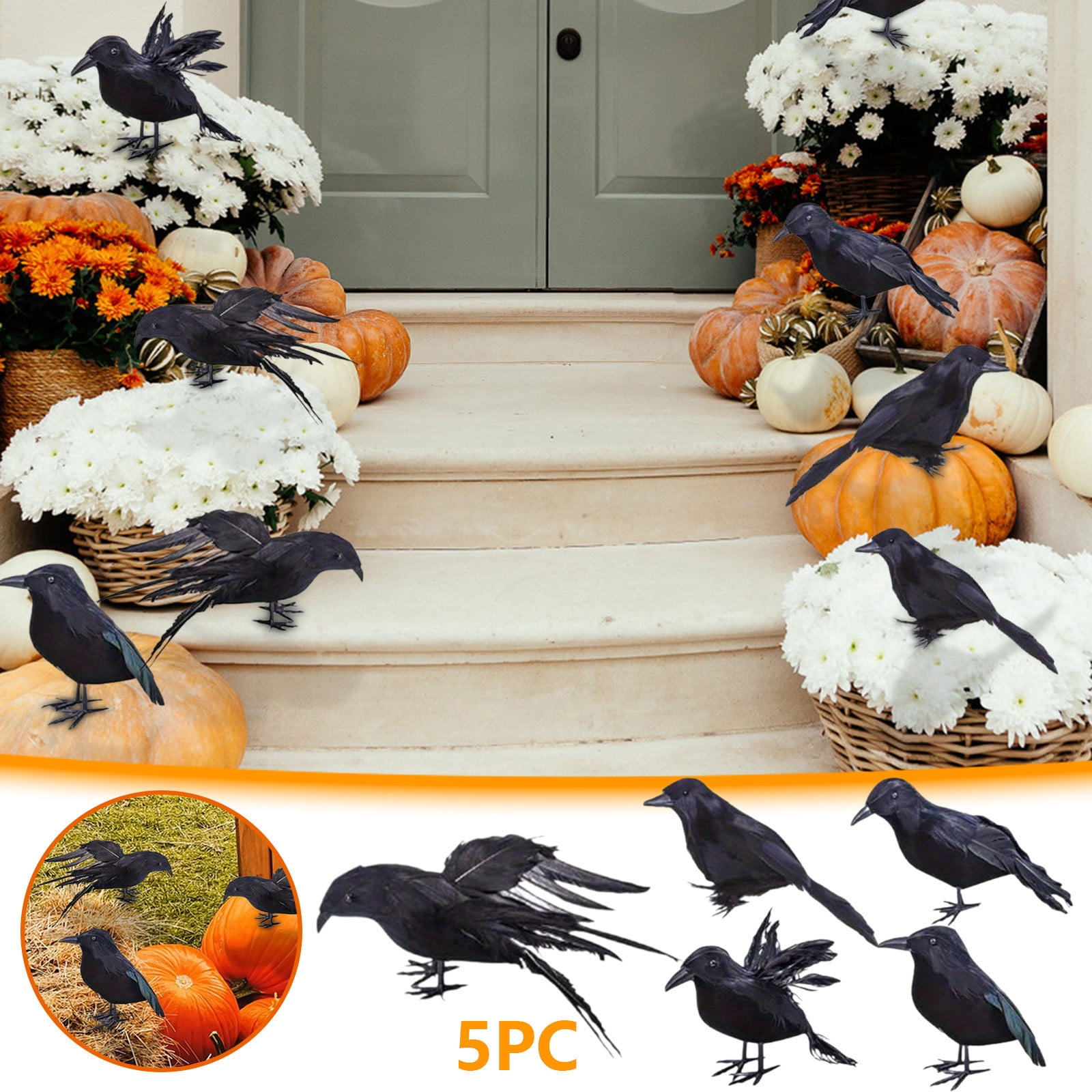 DAMAI 5PCS Halloween Crow Decorations Outdoor Indoor Artificial Black ...
