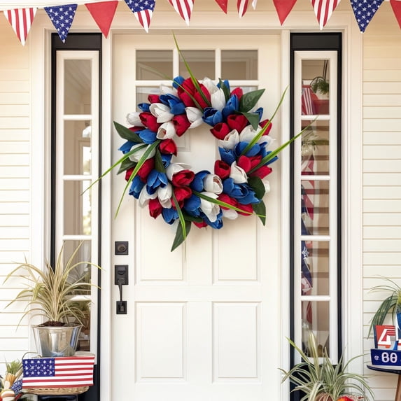 DAMAI Artificial Tulip Garland Patriotic Decorations, Red White Blue ...