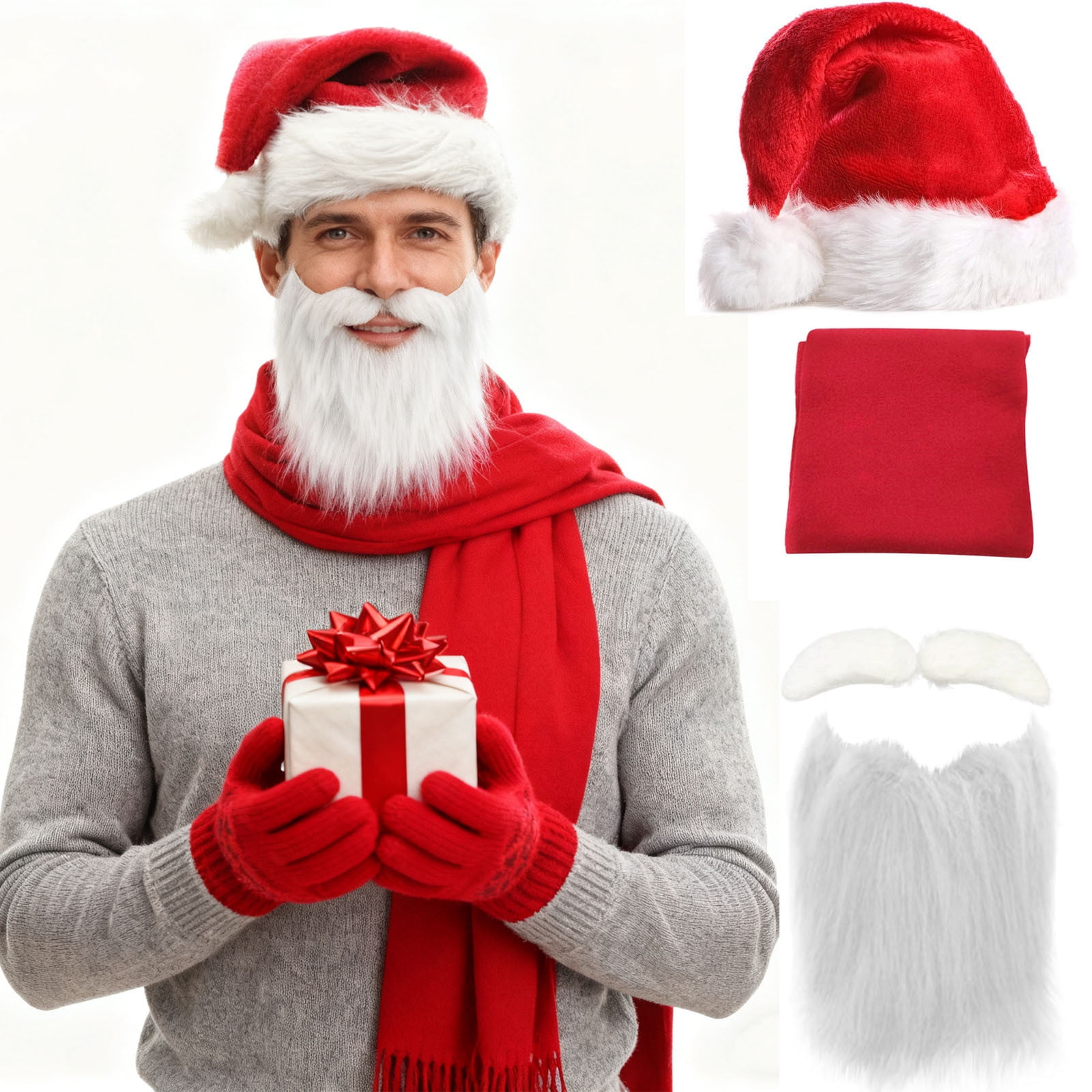 DAMAI Christmas Hat Scarf Beard Set, Soft Velvet Thickened Santa Hats ...