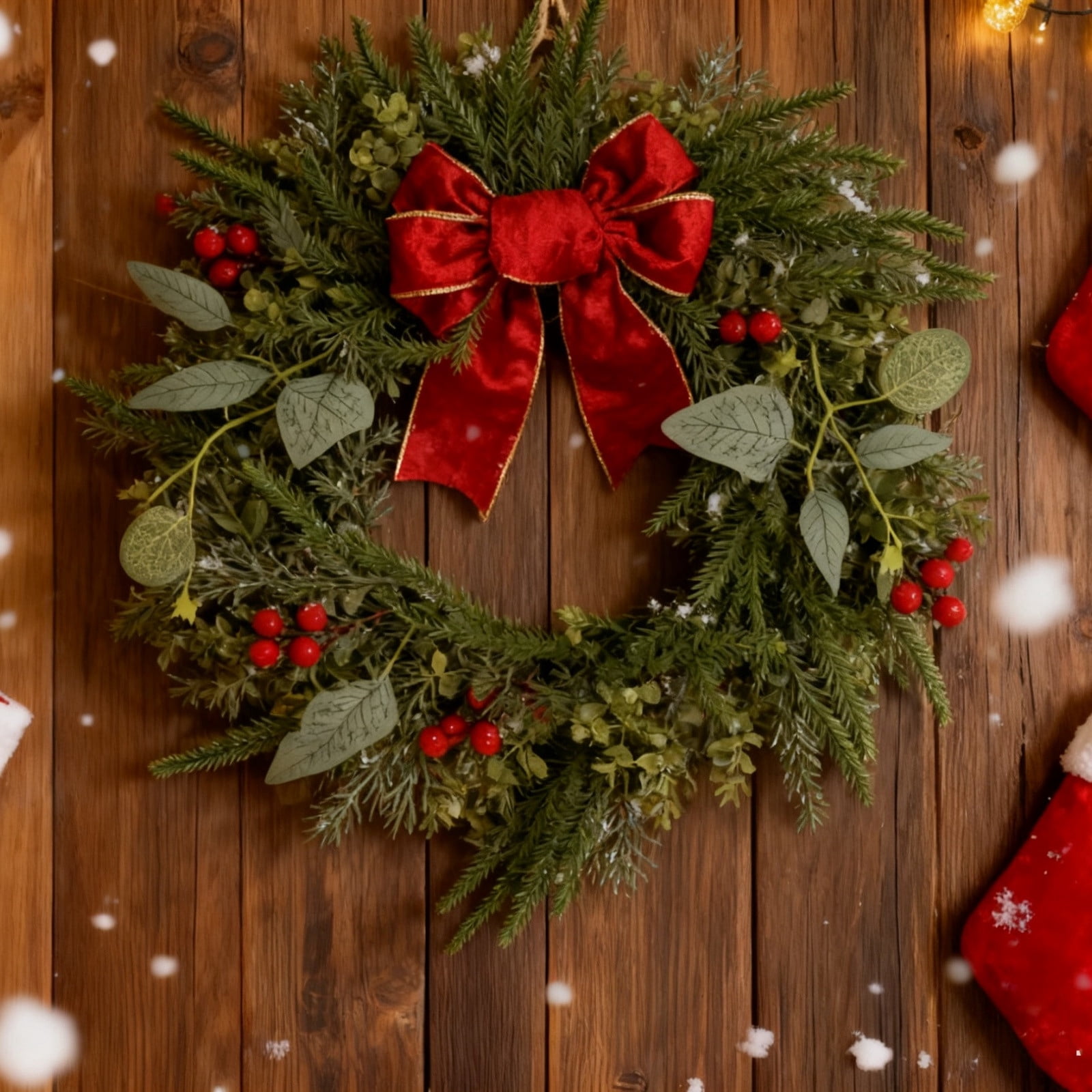 DAMAI Christmas Wreath for Front Door, Realistic Norfolk Pine Wreath ...