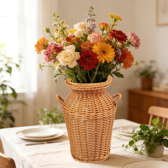 DAMAI Creative Rattan Woven Vase 9 Inch Brown Decorative Flower Basket ...