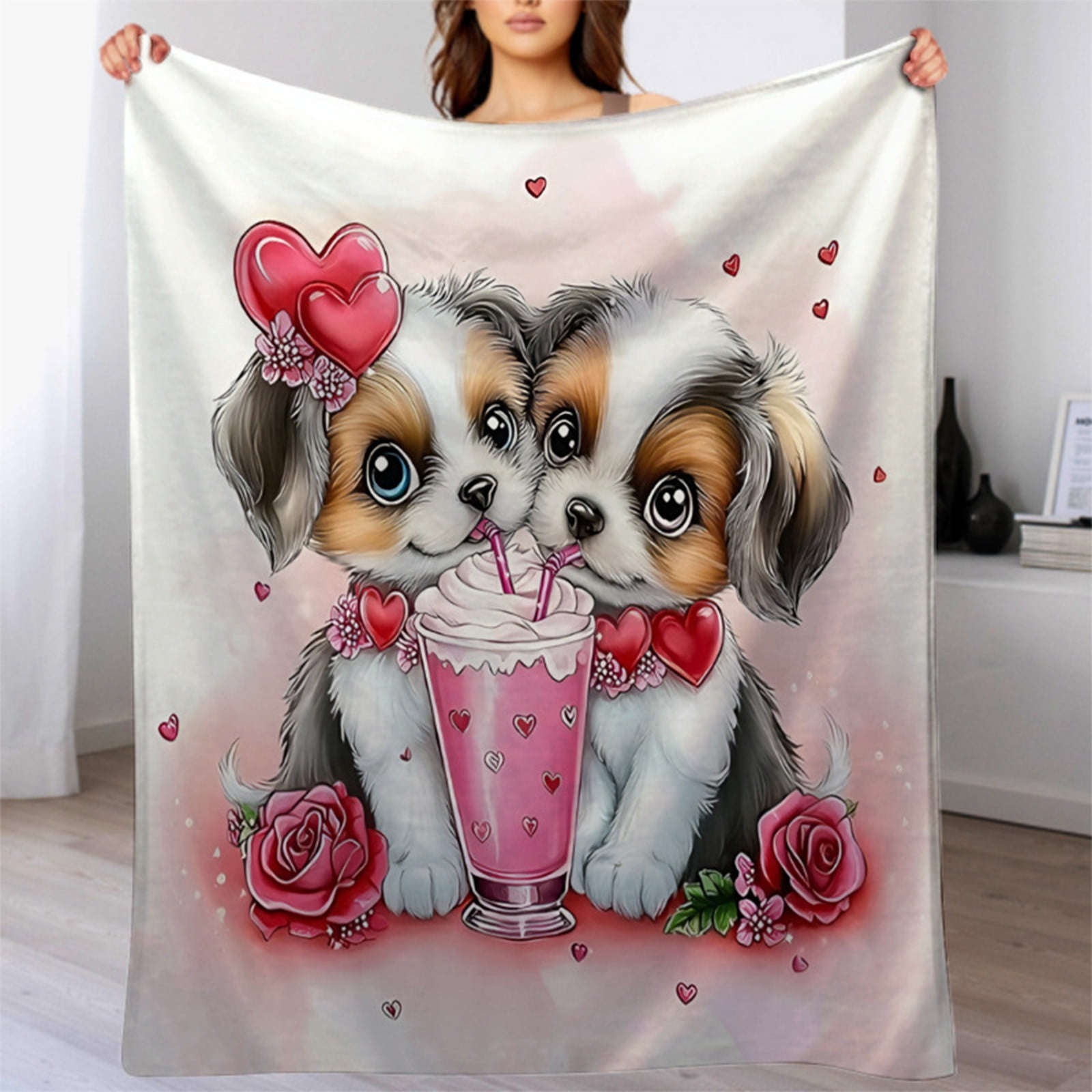 DAMAI Cute Couple Dog Tapestry,Roses Flowers Valentine's Romantic Wall ...
