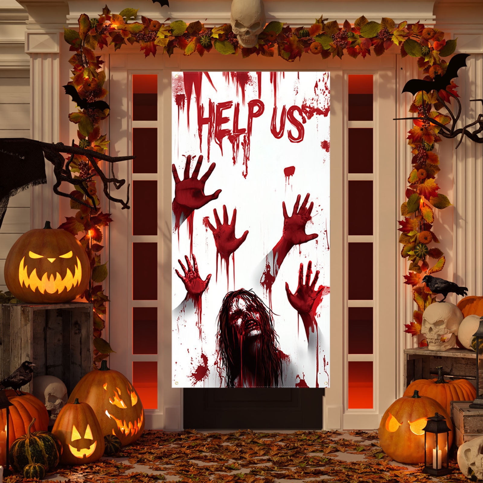 DAMAI Halloween Bloody Handprint Door Cover 71 x 35 Inch Large Fabric ...
