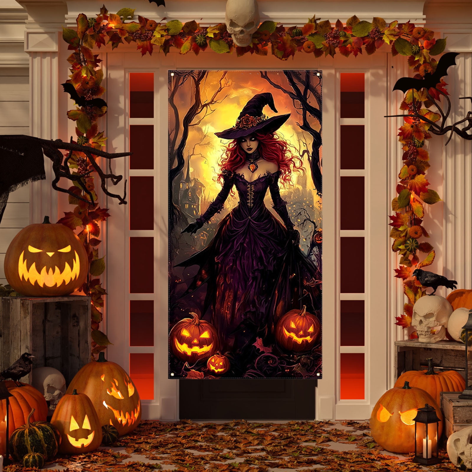 DAMAI Halloween Witch Door Cover Banner Decorative,Spooky Broomstick ...