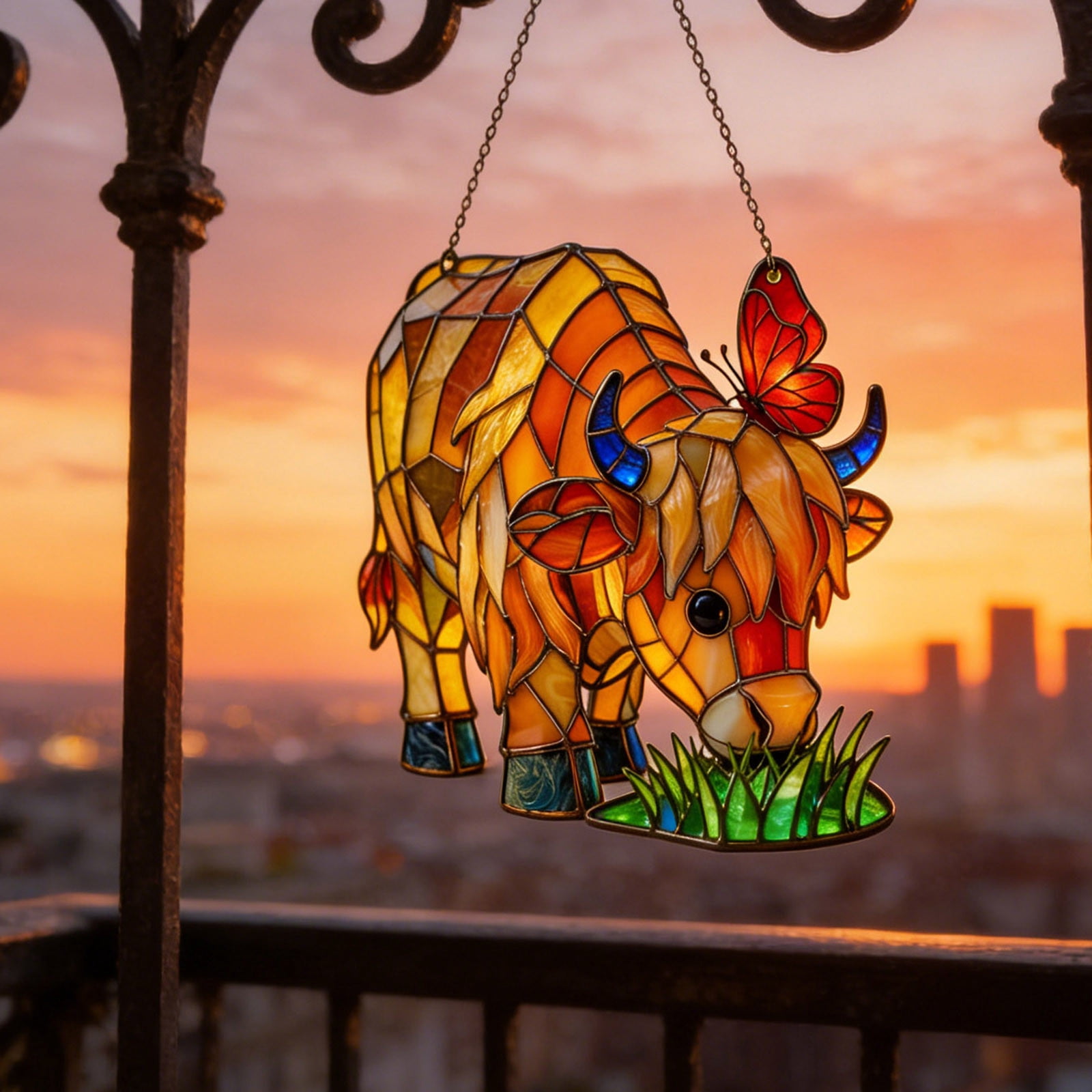 DAMAI Highland Cow Butterfly Suncatcher, Stained Glass Style Window ...