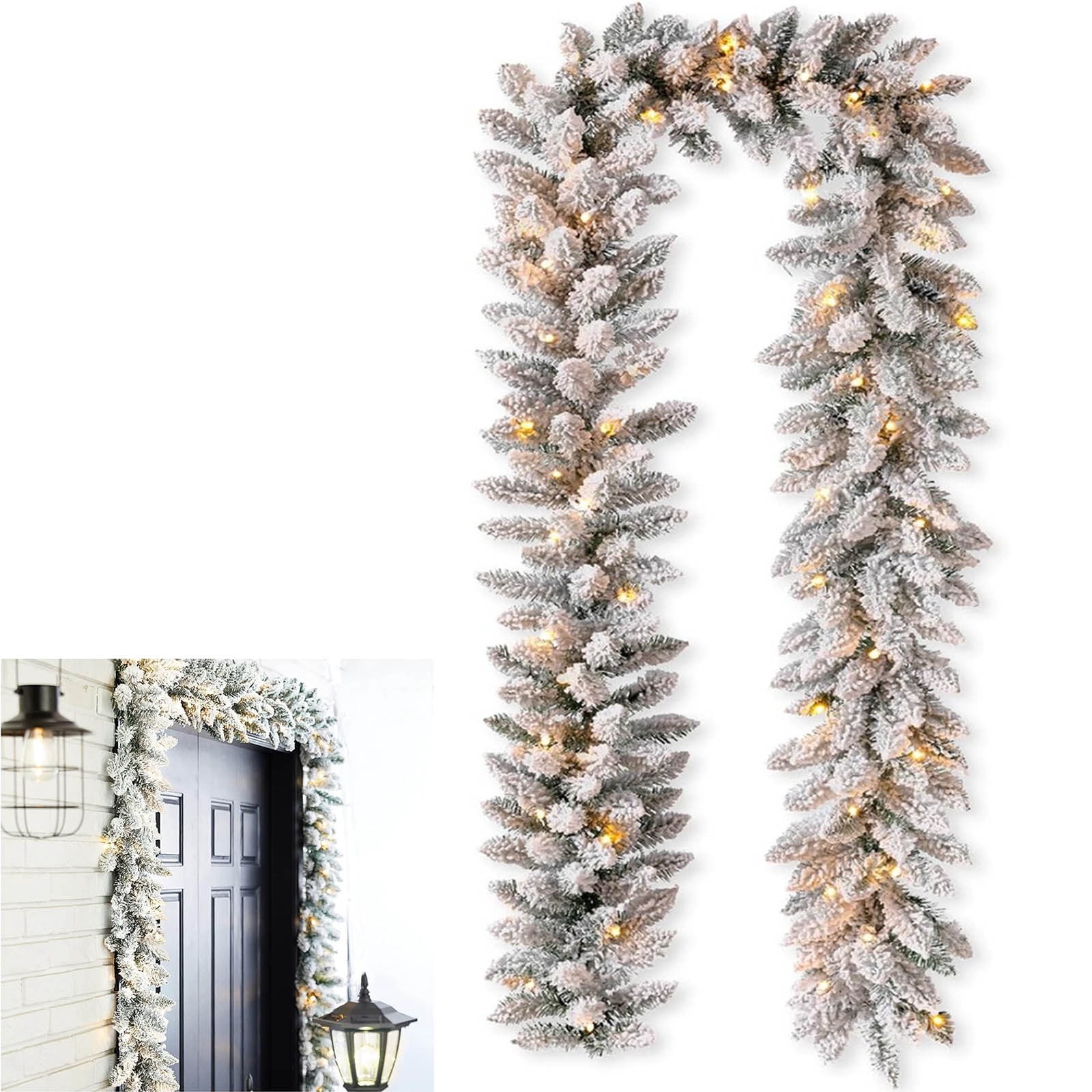 DAMAI Pre-Lit 5.9ft Artificial Christmas Snow Flocked Wreath with Warm ...