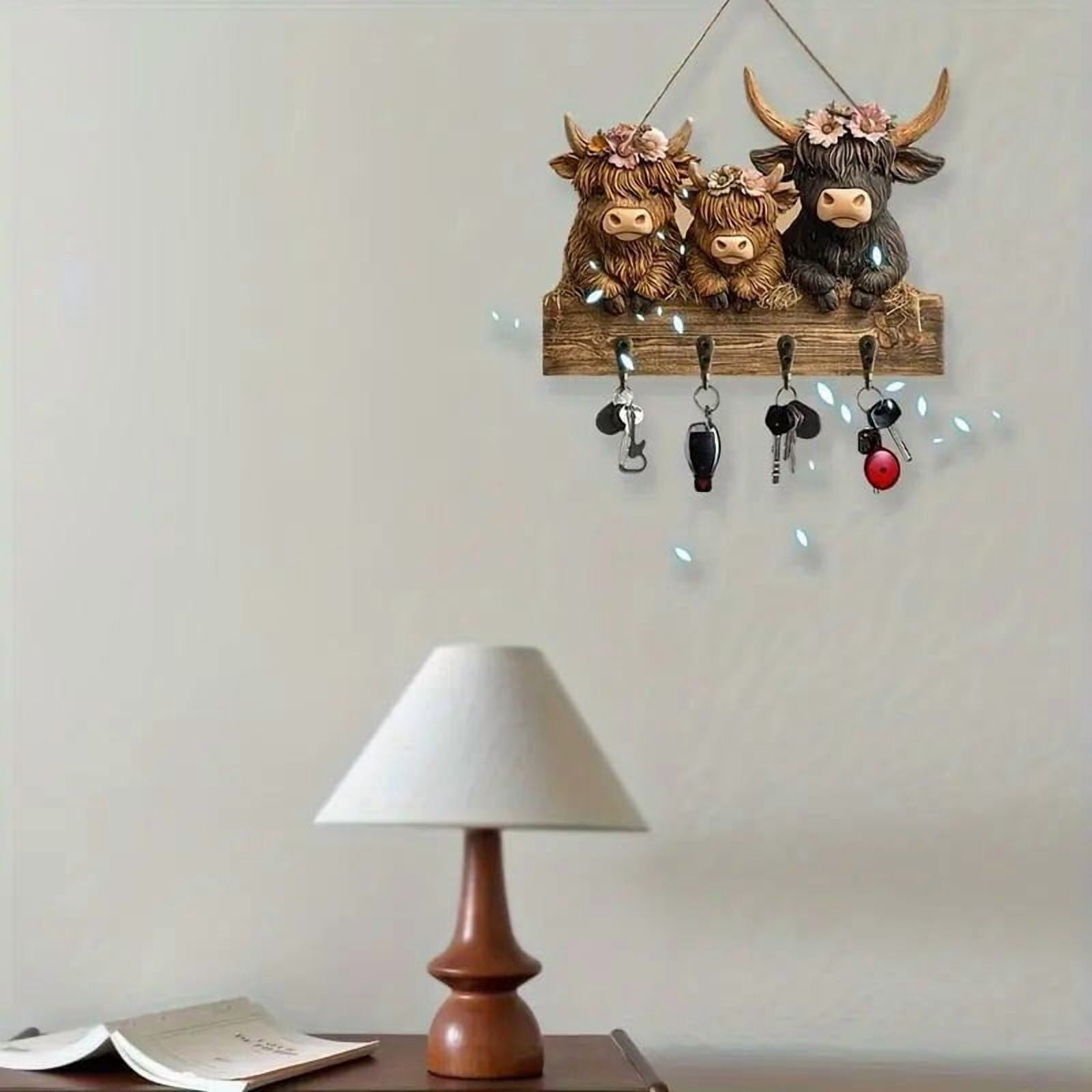 DAMAI Rustic Highland Cow Wooden Hanging Ornament with 4 Hooks, 2D ...