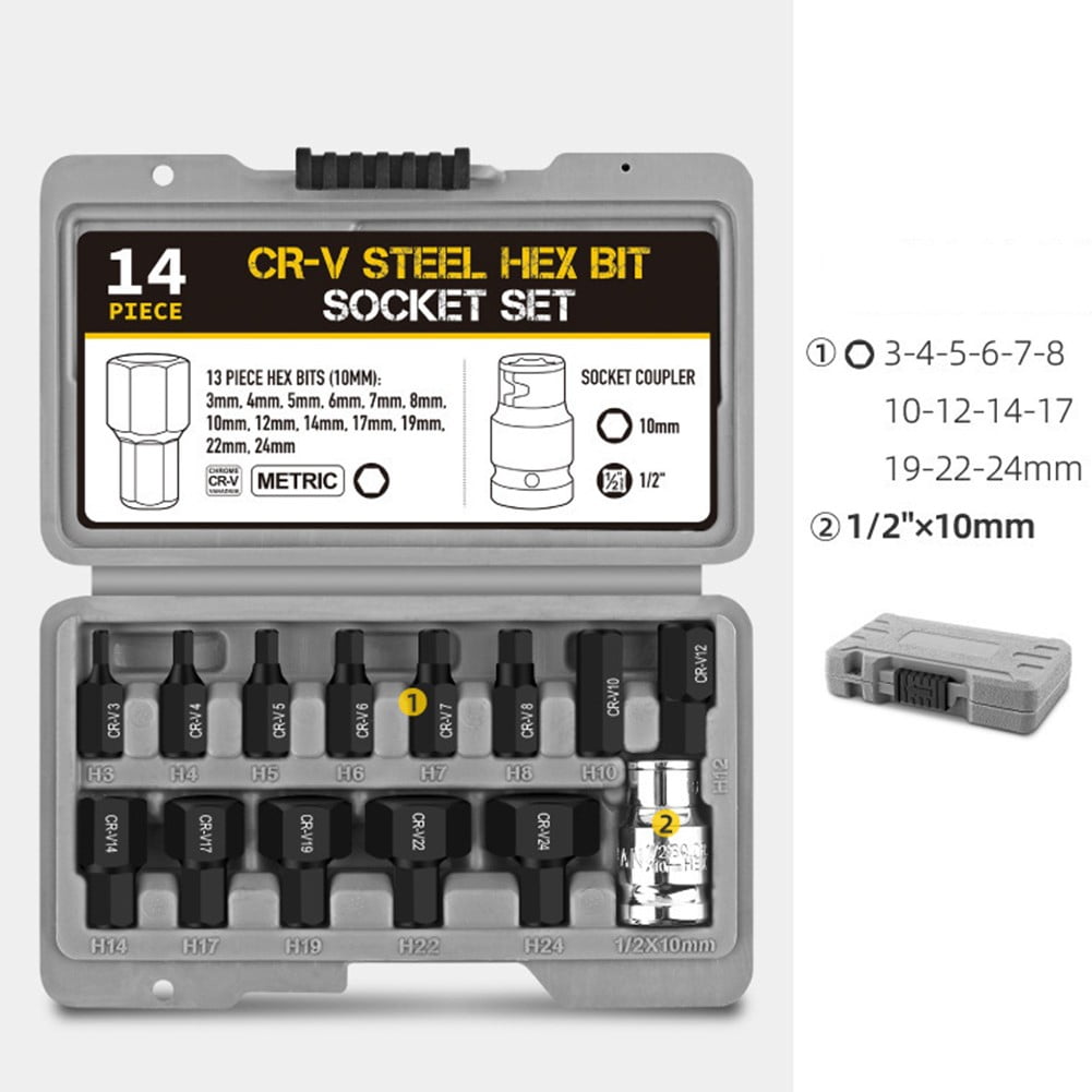 DAMIFU 14Pcs Hex Bit Socket Set 1/2inch Drive Hexagon Key 3-24mm Hand ...