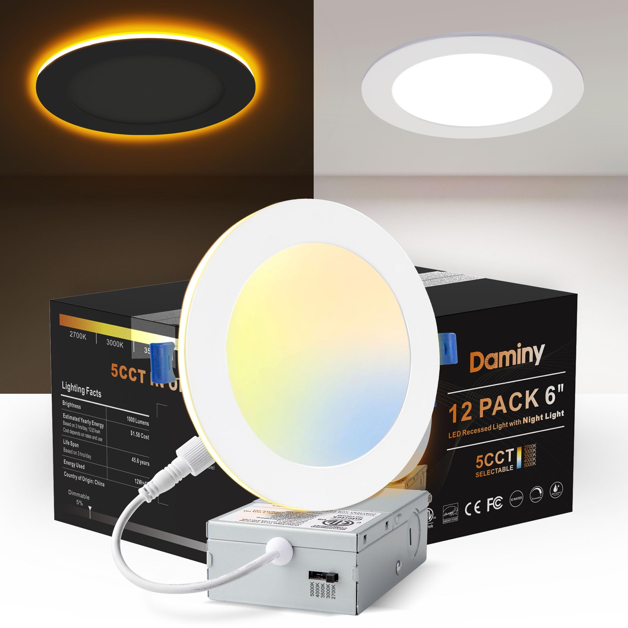 DAMINY 12 Pack 6 Inch 5CCT LED Recessed Light with Night Light,Ultra-Thin,Canless recessed ...