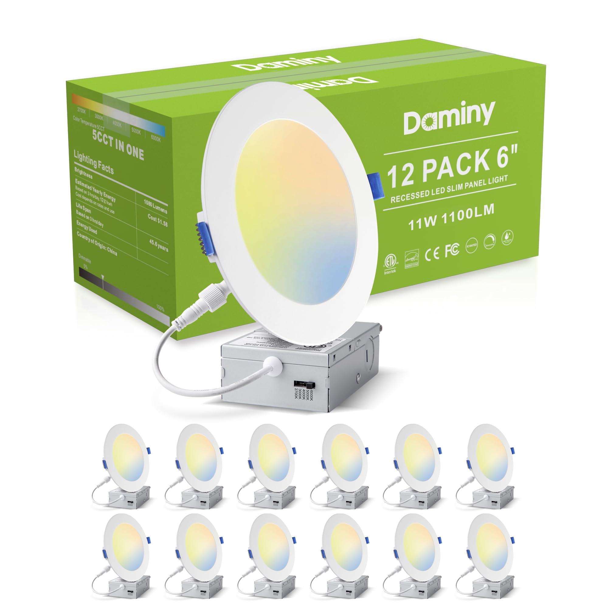 DAMINY 12 Pack 6 Inch LED Recessed Lighting with Junction Box,5CCT ...