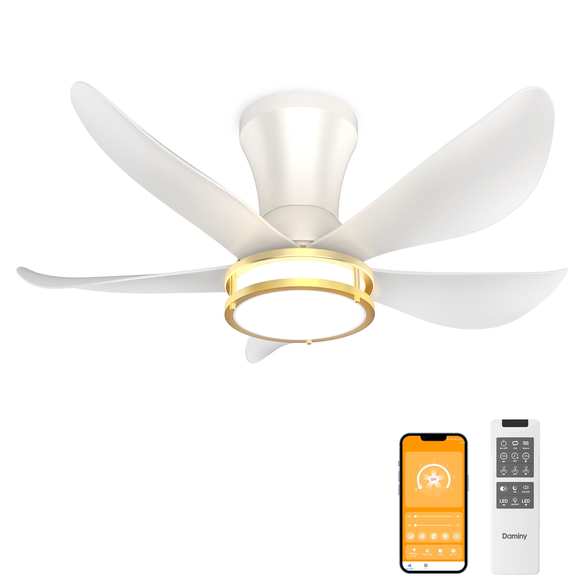 DAMINY 30 Inch White and Gold 5 Blade Ceiling Fan with Light, Modern ...