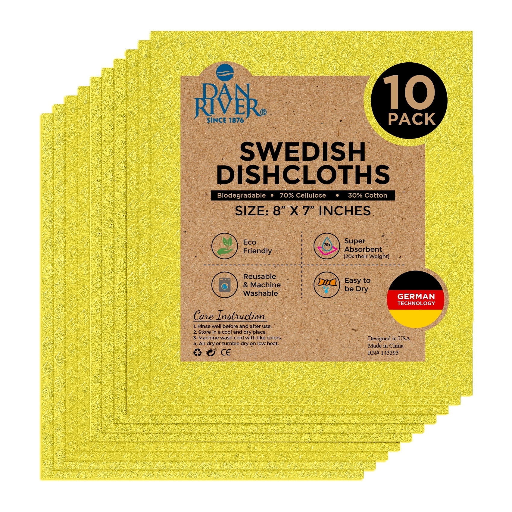 DAN RIVER Swedish Dishcloths 10-Pack, (8"x7" Inches - Yellow) Reusable ...