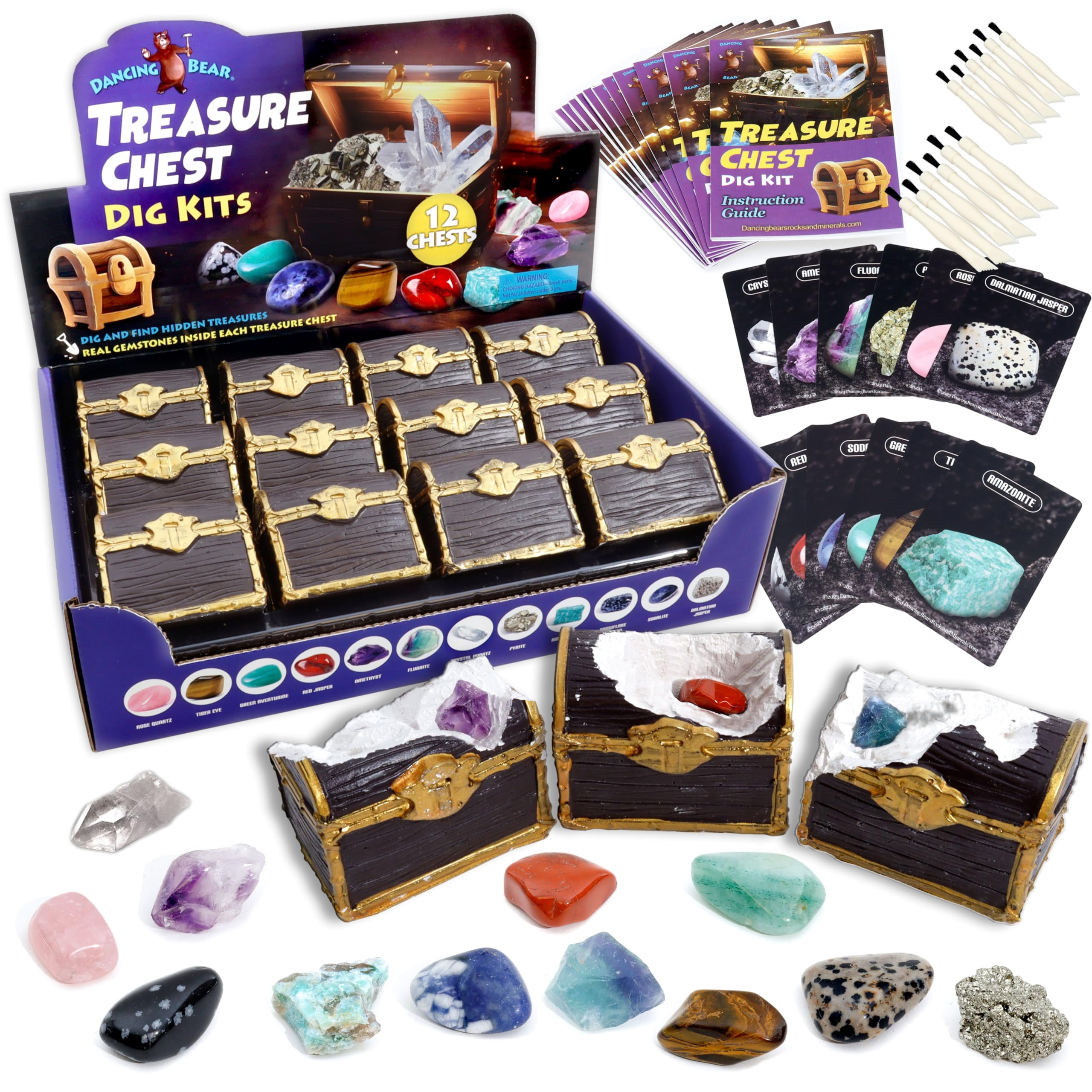 DANCING BEAR Treasure Chest Dig Kit Party Pack for 12 Kids, Excavate 12 Surprise Real Gems ...