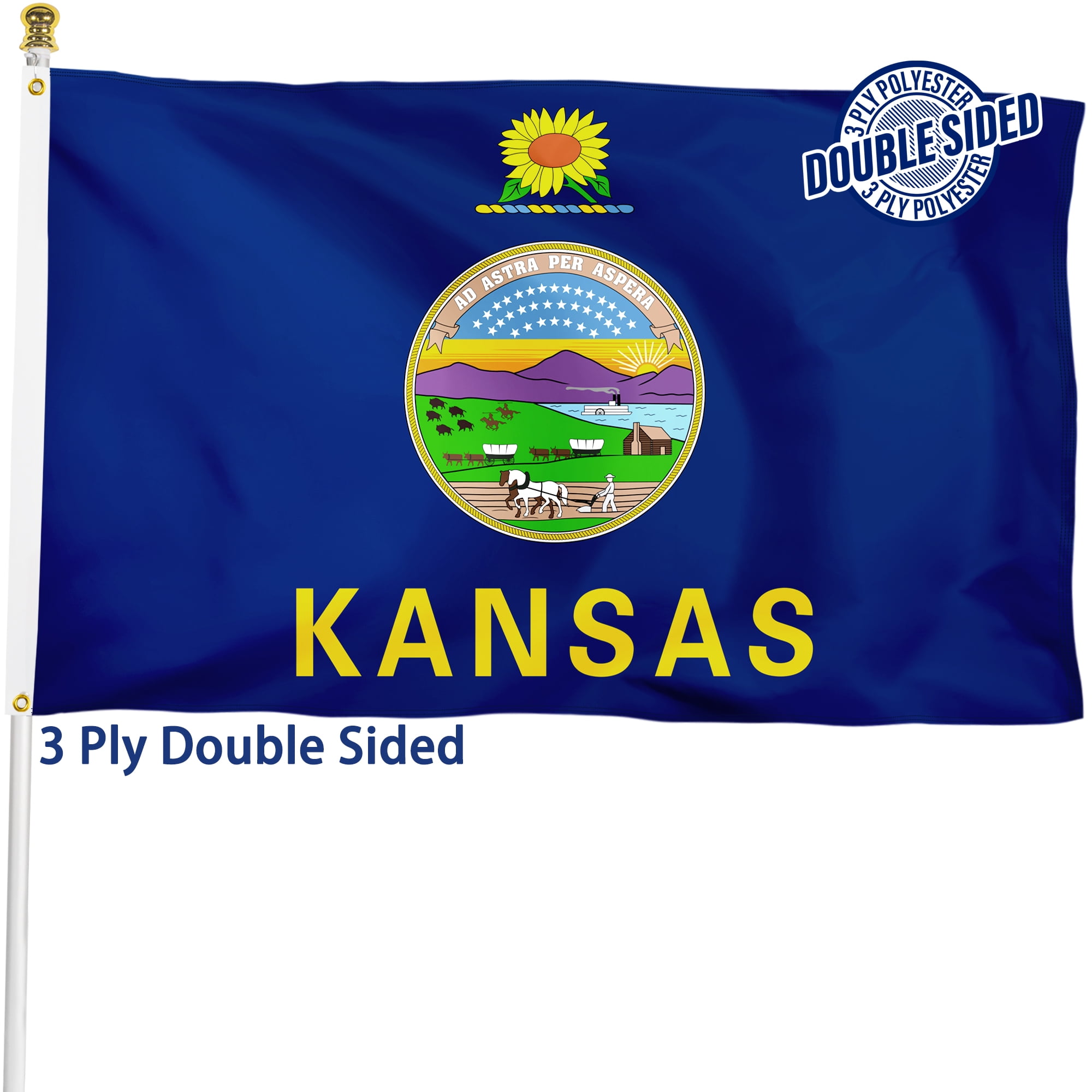 Kansas State Flag 3x5 ft Double Sided, Durable Polyester, KS Flag with ...