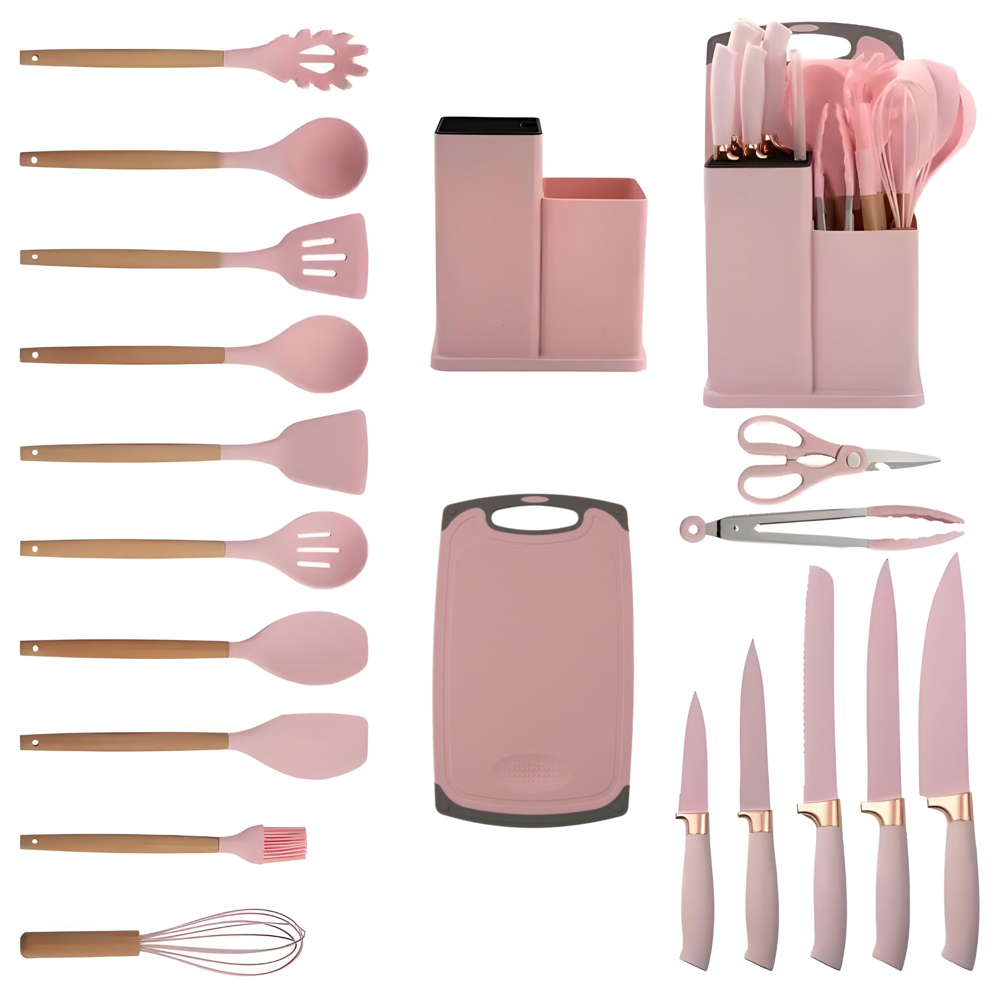 DANFFI 19-Piece Pink Kitchen Utensils Set - Silicone Cooking Utensils ...