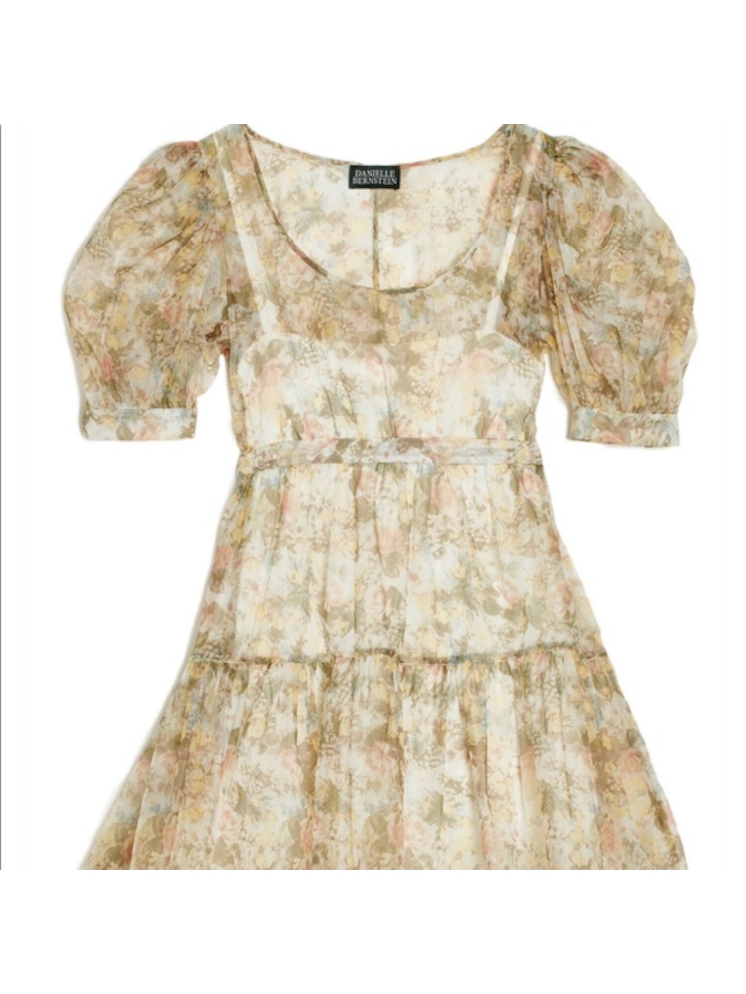 DANIELLE BERNSTEIN Womens Beige Sheer Floral Short Sleeve Scoop Neck ...