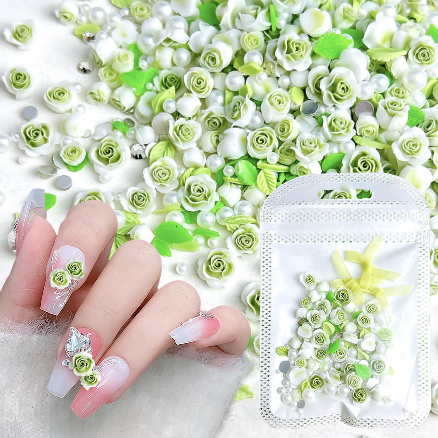 DANNEASY 3D Flower Nail Charms Floral Resin Nail Charm Silk Bow Leaf ...