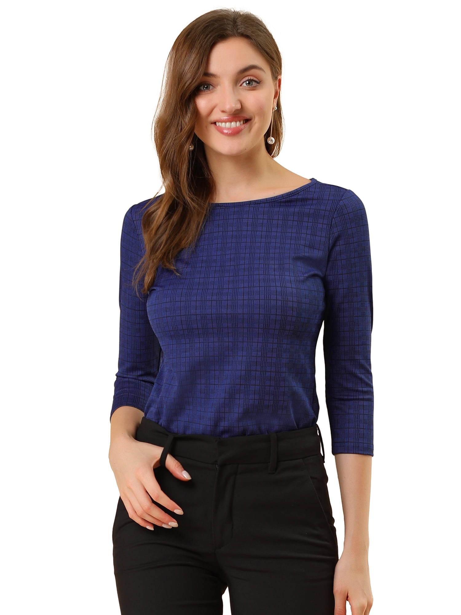 DARING DIVA 3/4 Sleeve Boat Neck Houndstooth Tops 2XL Deep Blue ...