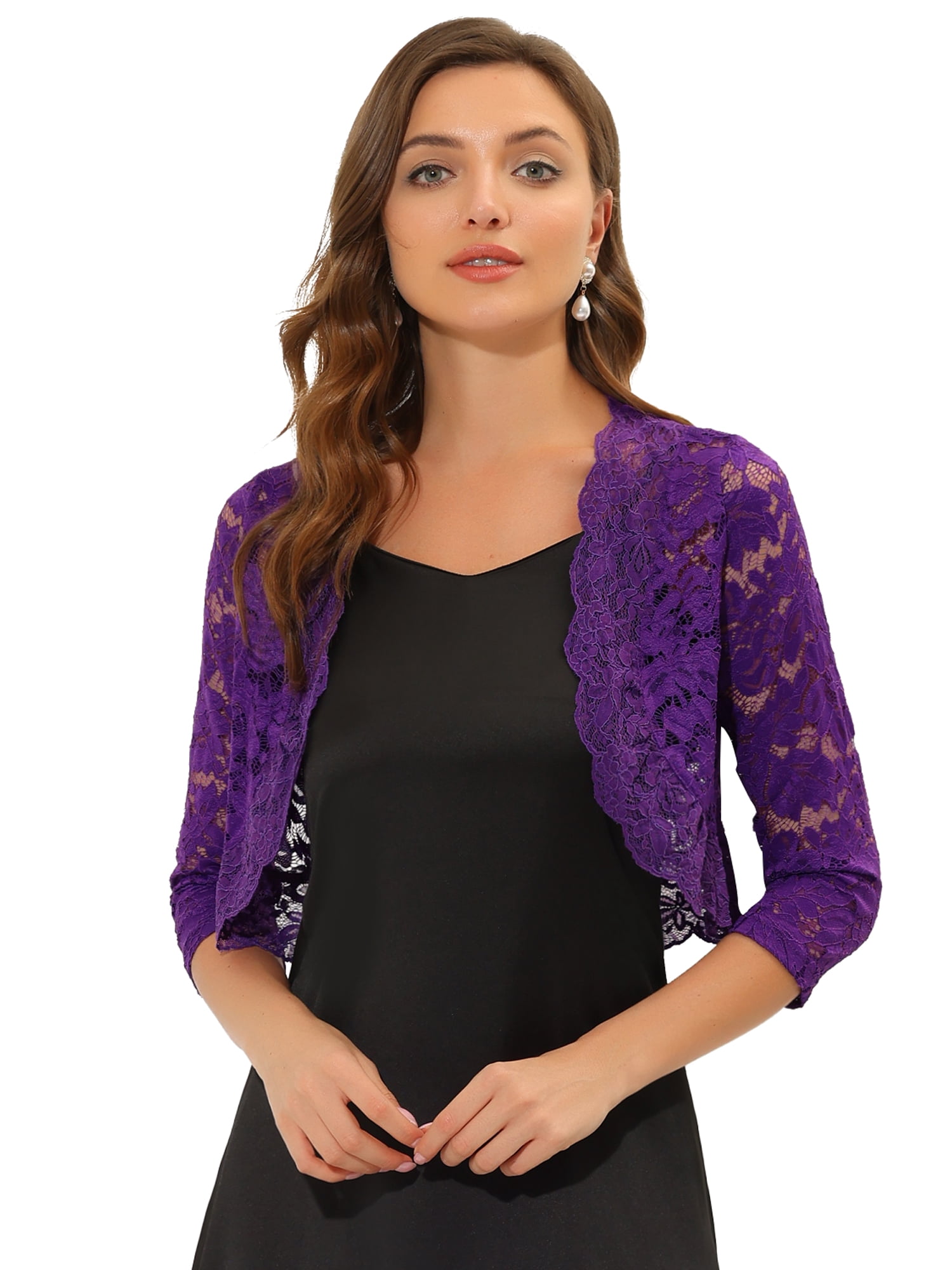 DARING DIVA 3/4 Sleeve Sheer Floral Lace Shrug Top S Violet - Walmart.com