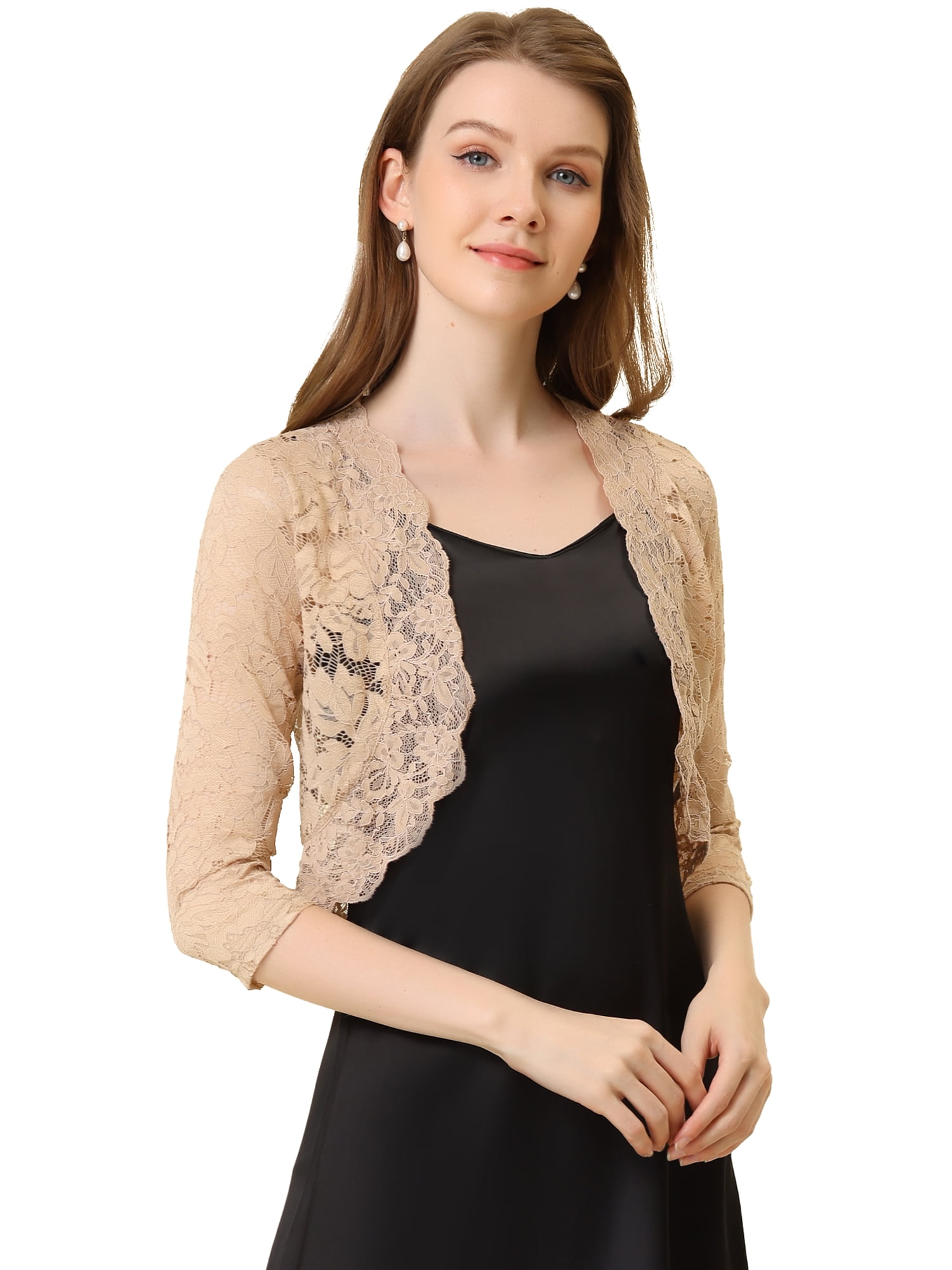 DARING DIVA 3/4 Sleeve Sheer Floral Lace Shrug Top XS Khaki - Walmart.com