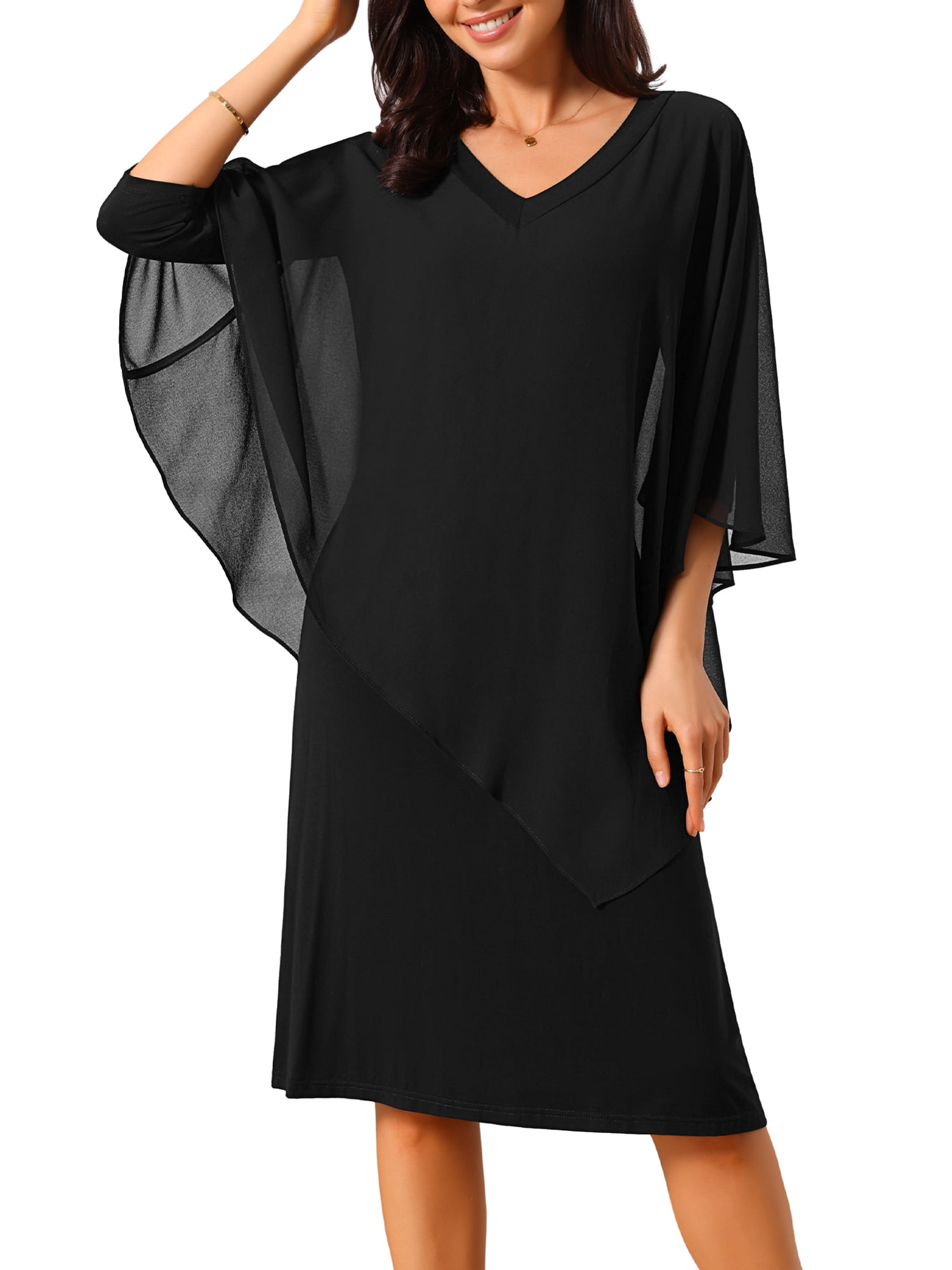 DARING DIVA 3/4 Sleeve V Neck Chiffon Cape Overlay Knee Length Dress L ...