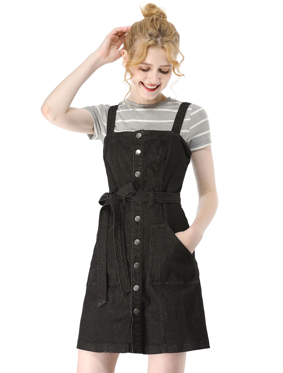 DARING DIVA Adjustable Strap Tie Waist A-Line Denim Dress 3XL Black ...