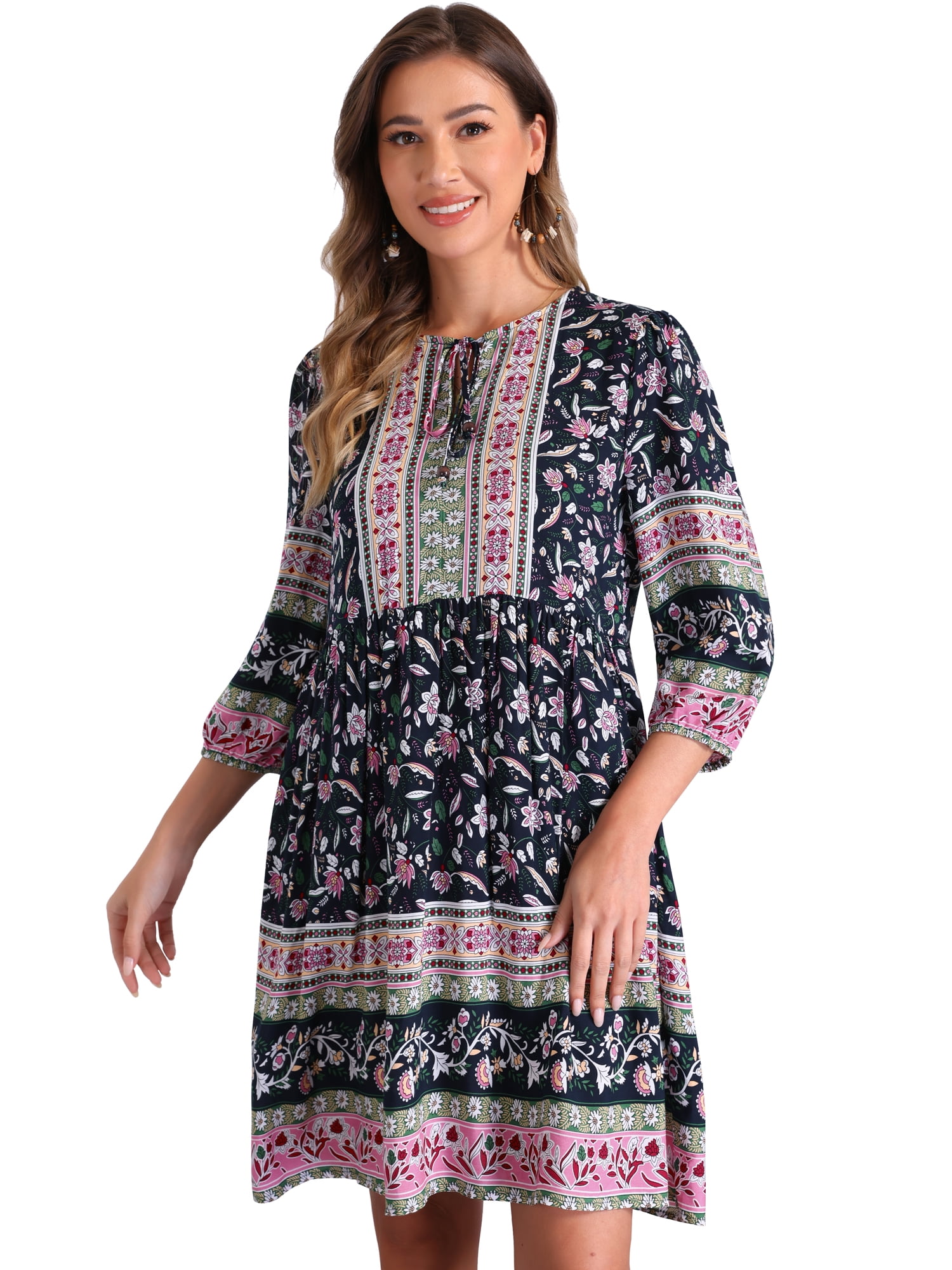 DARING DIVA Boho Floral 3/4 Sleeve Flowy Babydoll Short Dress L Dark ...