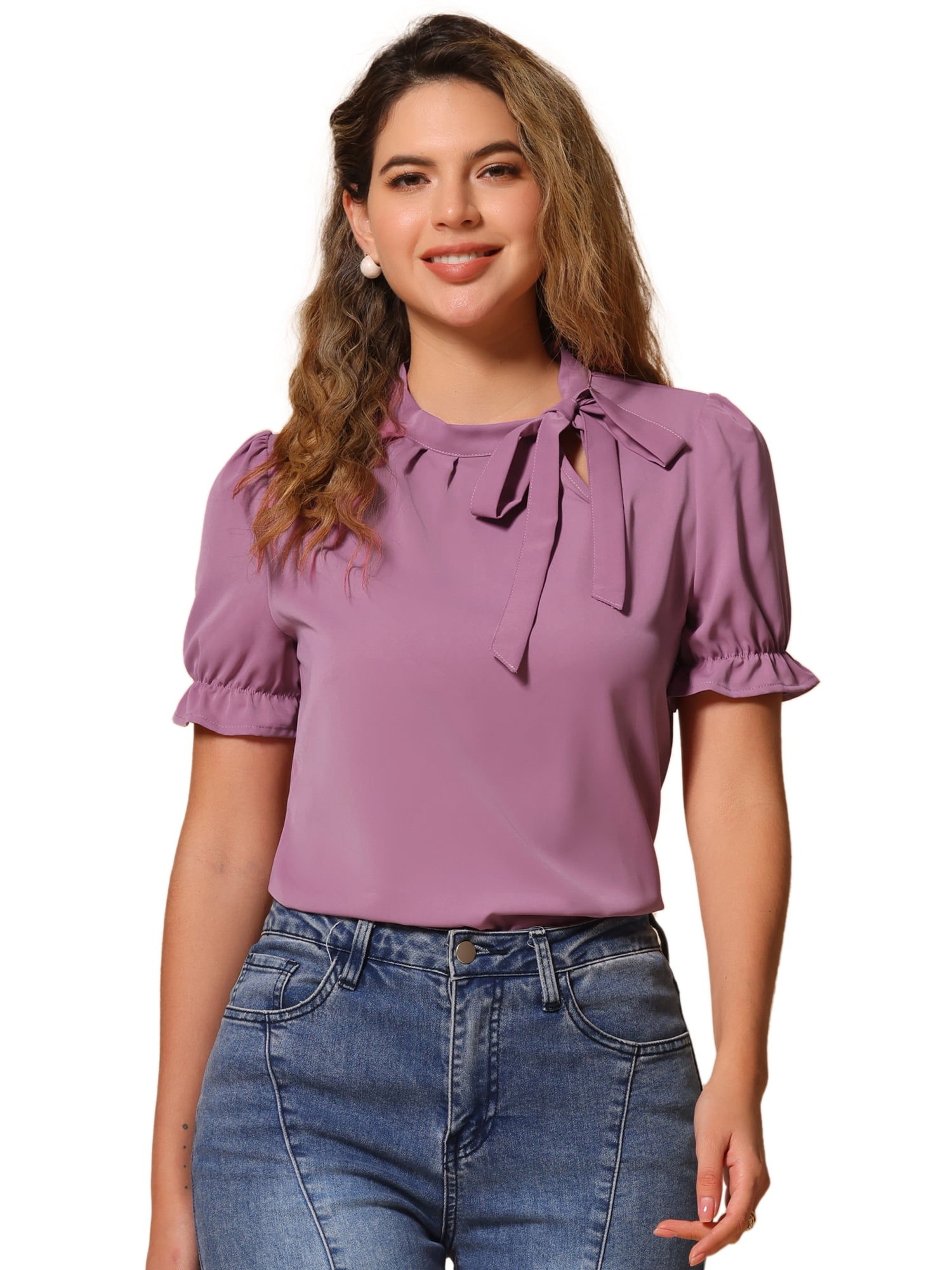 DARING DIVA Bow Tie Neck Office Elegant Short Sleeve Blouse Top L Light ...