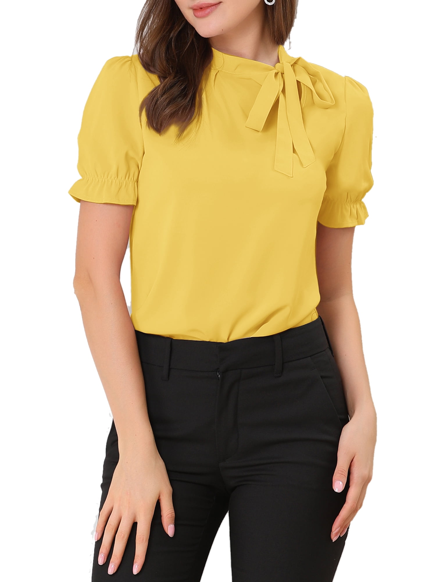 DARING DIVA Bow Tie Neck Office Elegant Short Sleeve Blouse Top M ...
